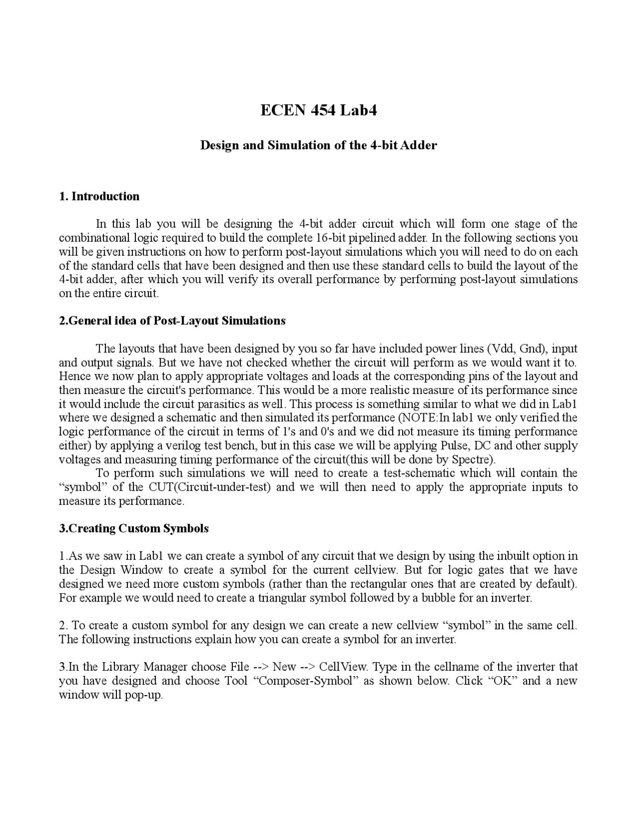 Design and Simulation of 4 Bit Adder - Lab 4 | ECEN 454 - Docsity