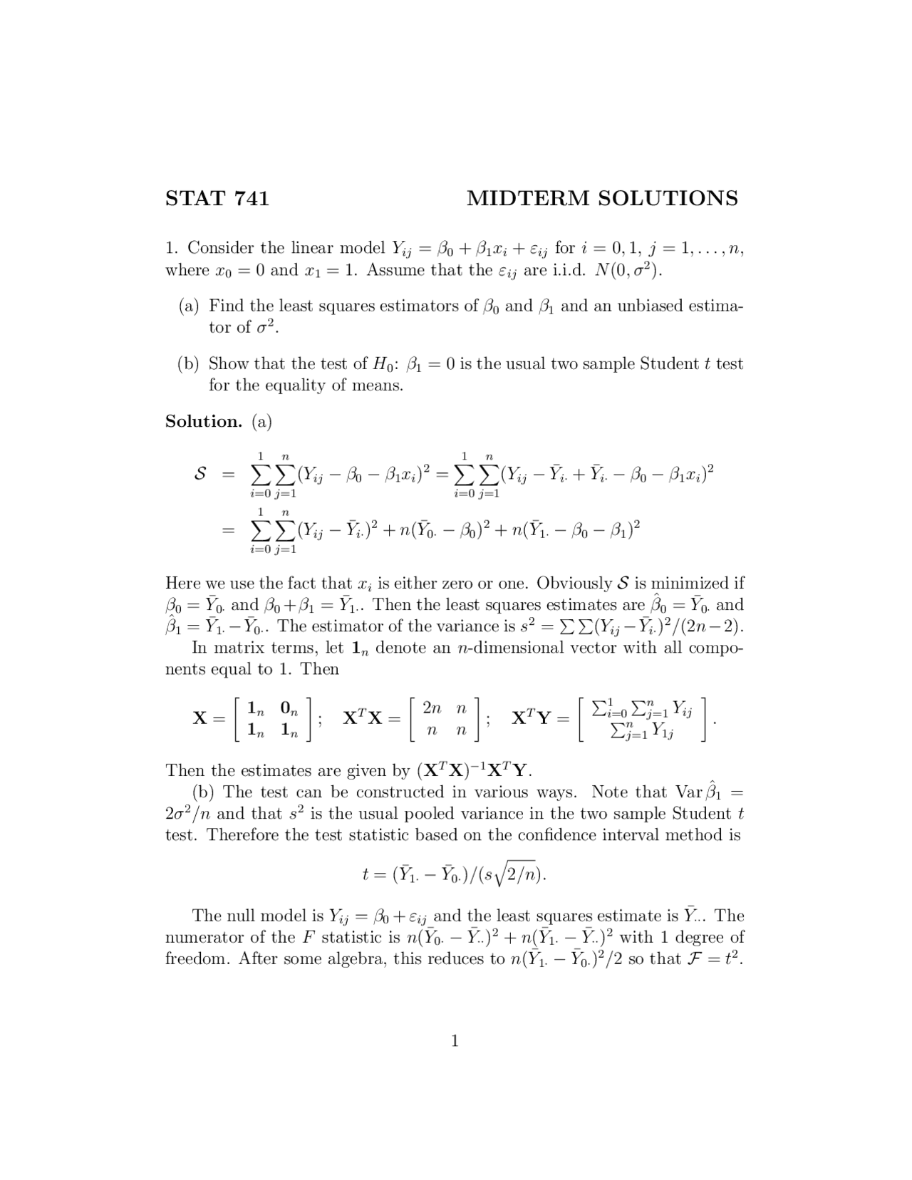 Midterm Solution - Linear Statistics Models I | STAT 741 | Exams Statistics | Docsity