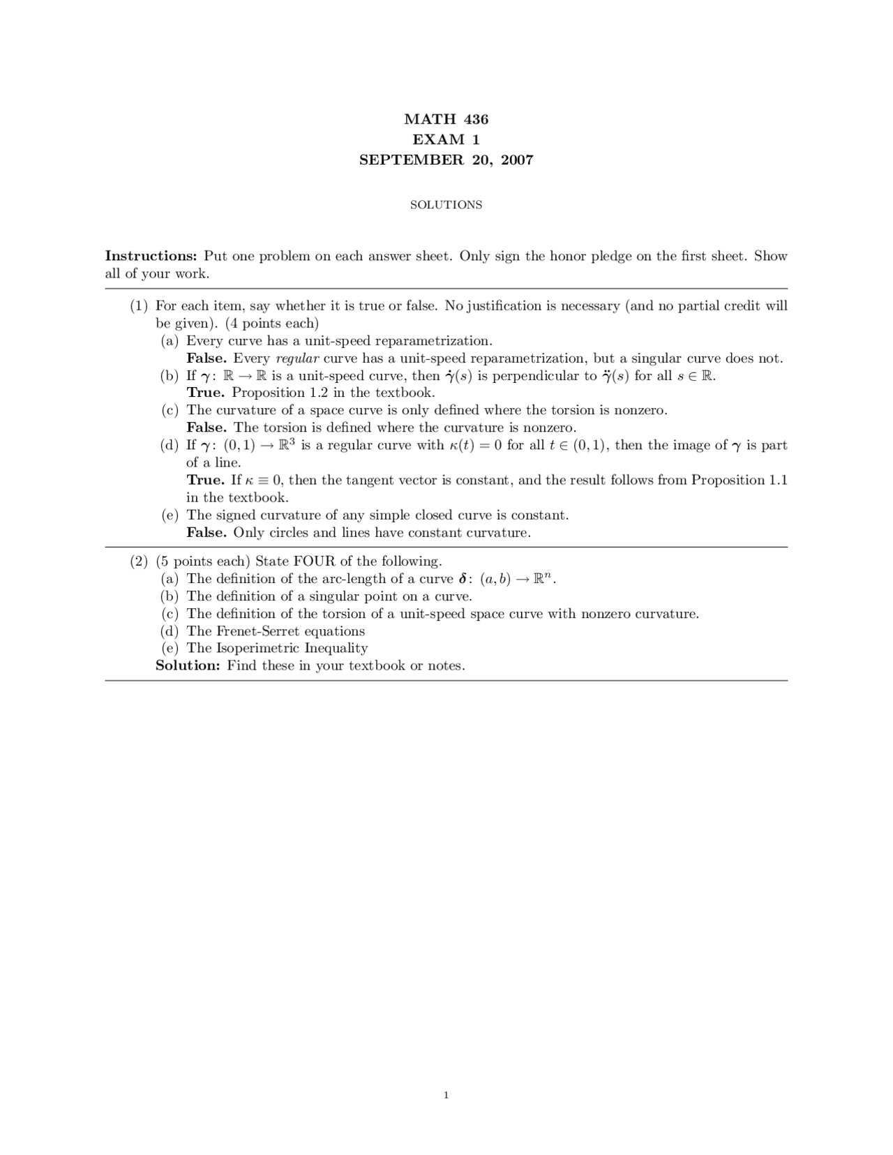 Differential Geometry I - Exam 1 Questions | MATH 436 | Exams Mathematics | Docsity