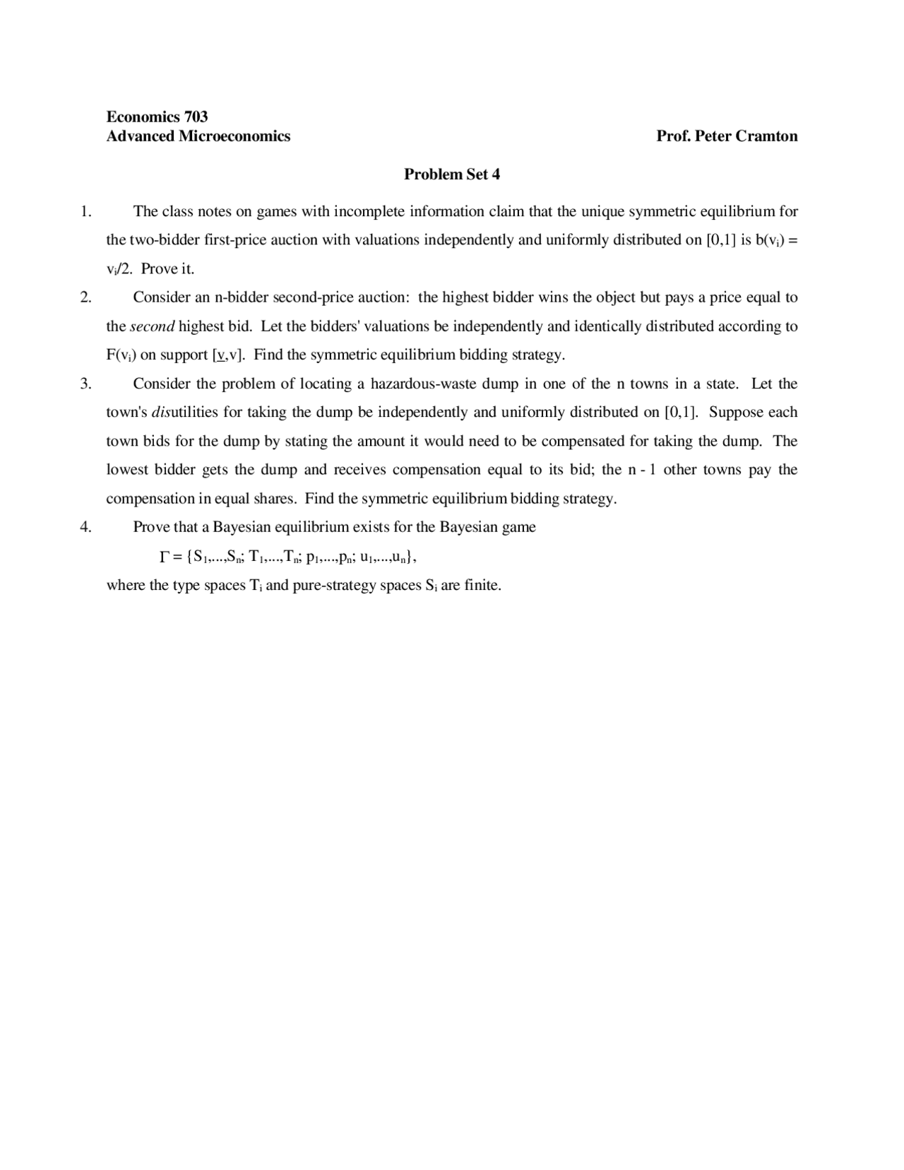4 Problems On Advanced Microeconomics Assignment 4 Econ 703 Docsity