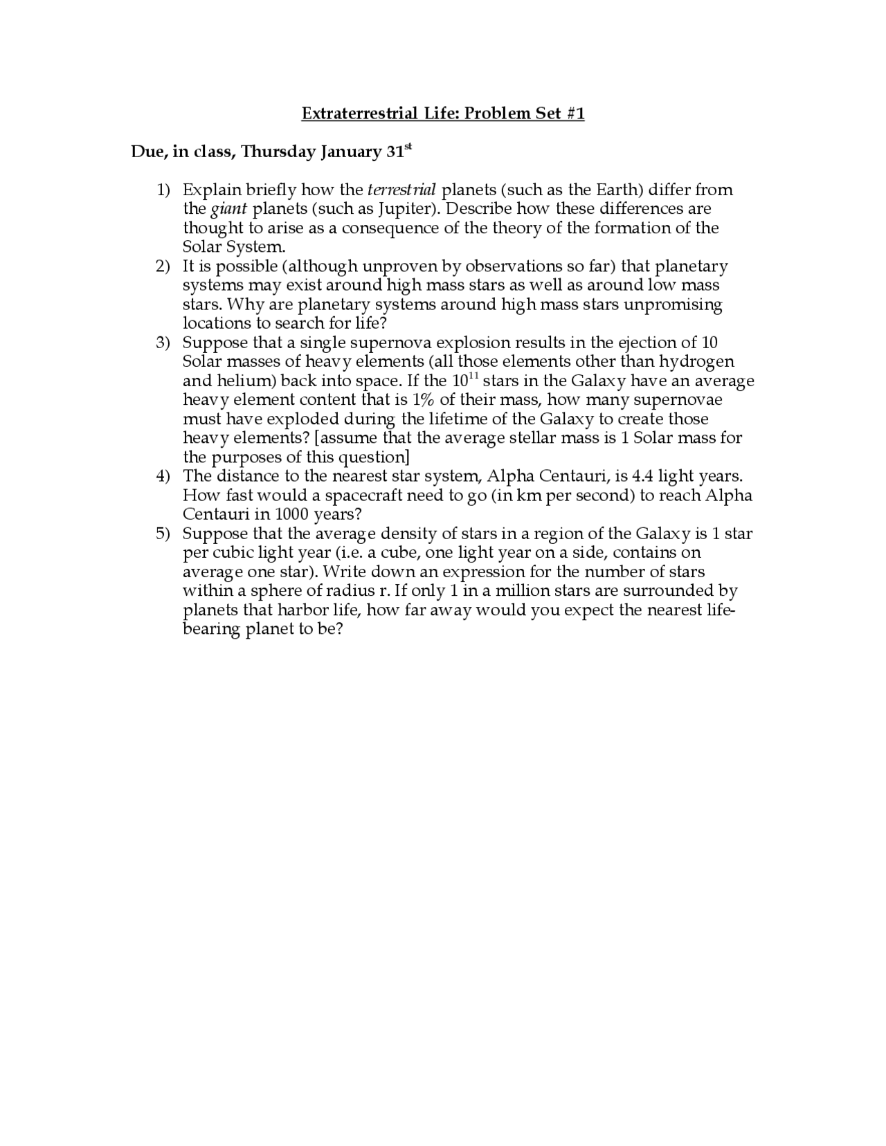 Problem Set 1 Extraterrestrial Life Astr 3300 Docsity