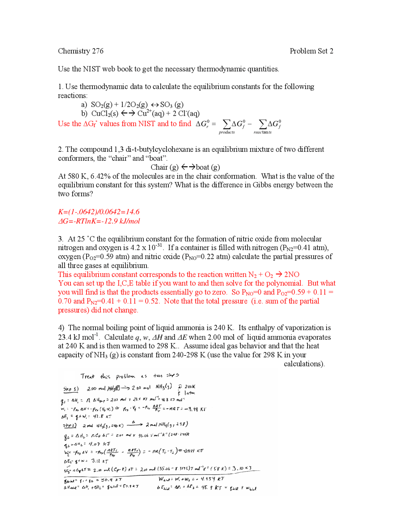 Chemistry Problem Set 2: Equilibrium Constants, Gibbs Free Energy, & Reaction Calculations ...