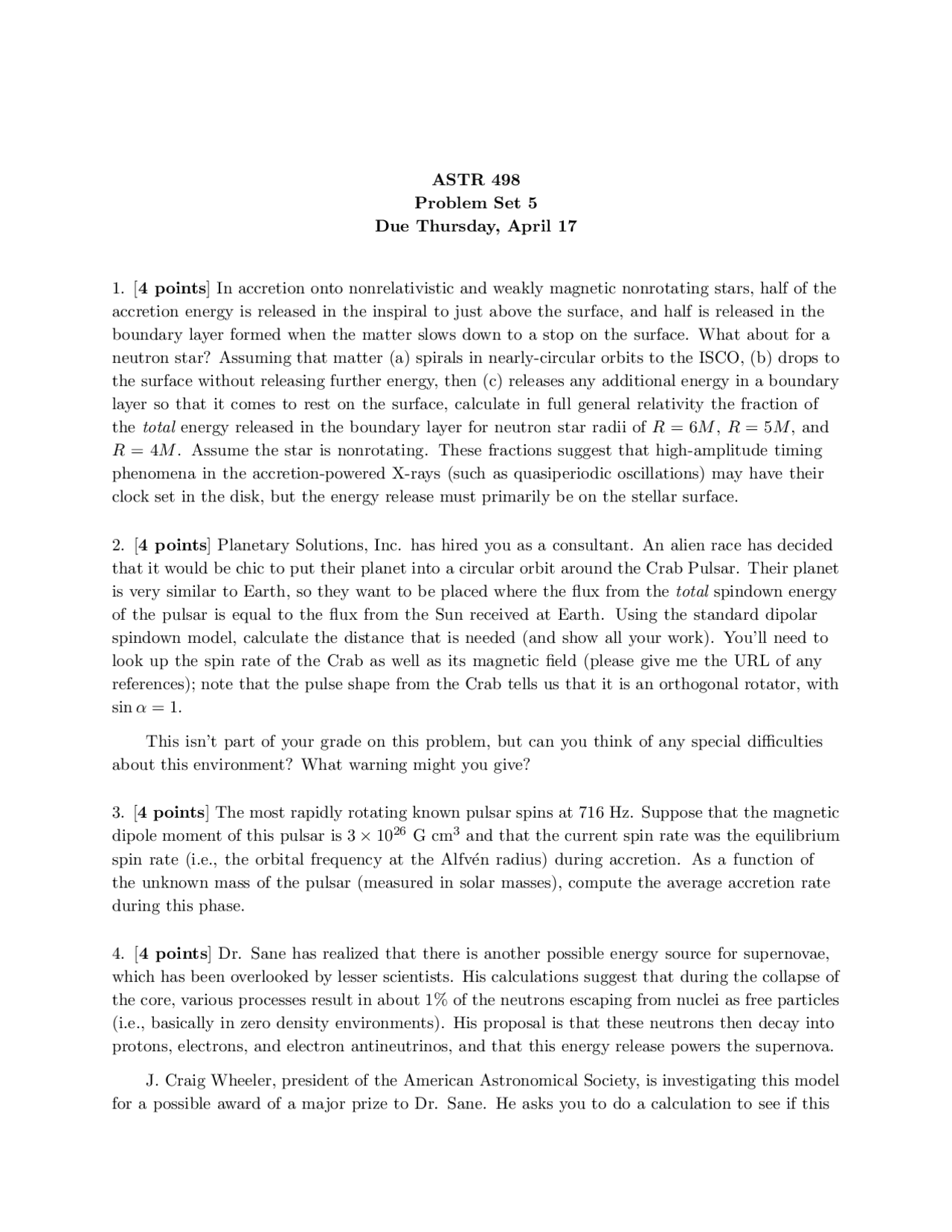 Problem Set 5 Special Problems In Astronomy Astr 498 Docsity