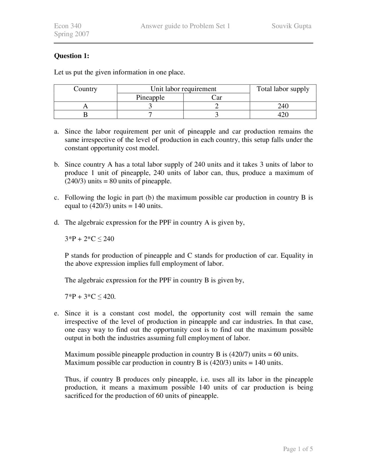 International Economics Answer Guide To Problem Set 1 Econ 340