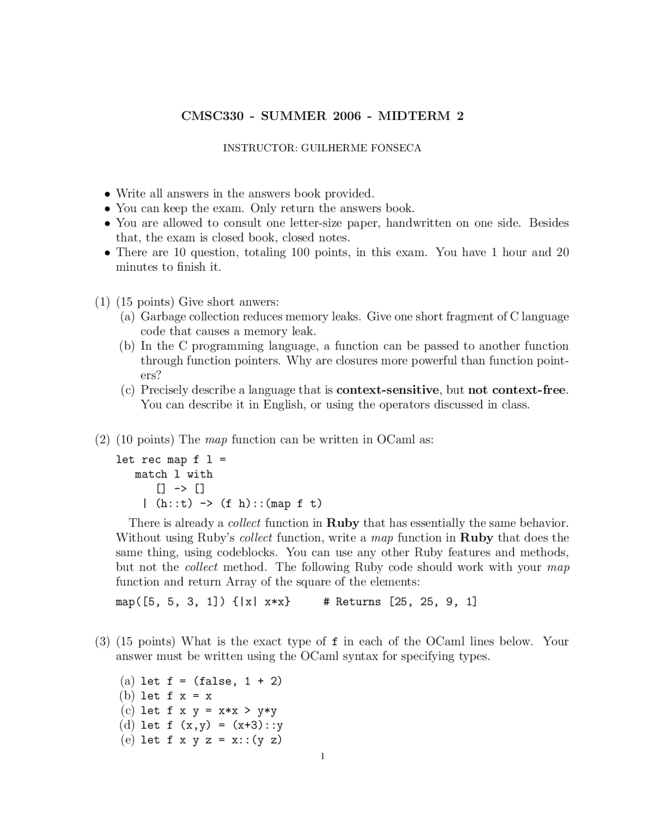 Midterm Exam 2 With Answers Organization Programming Language Cmsc