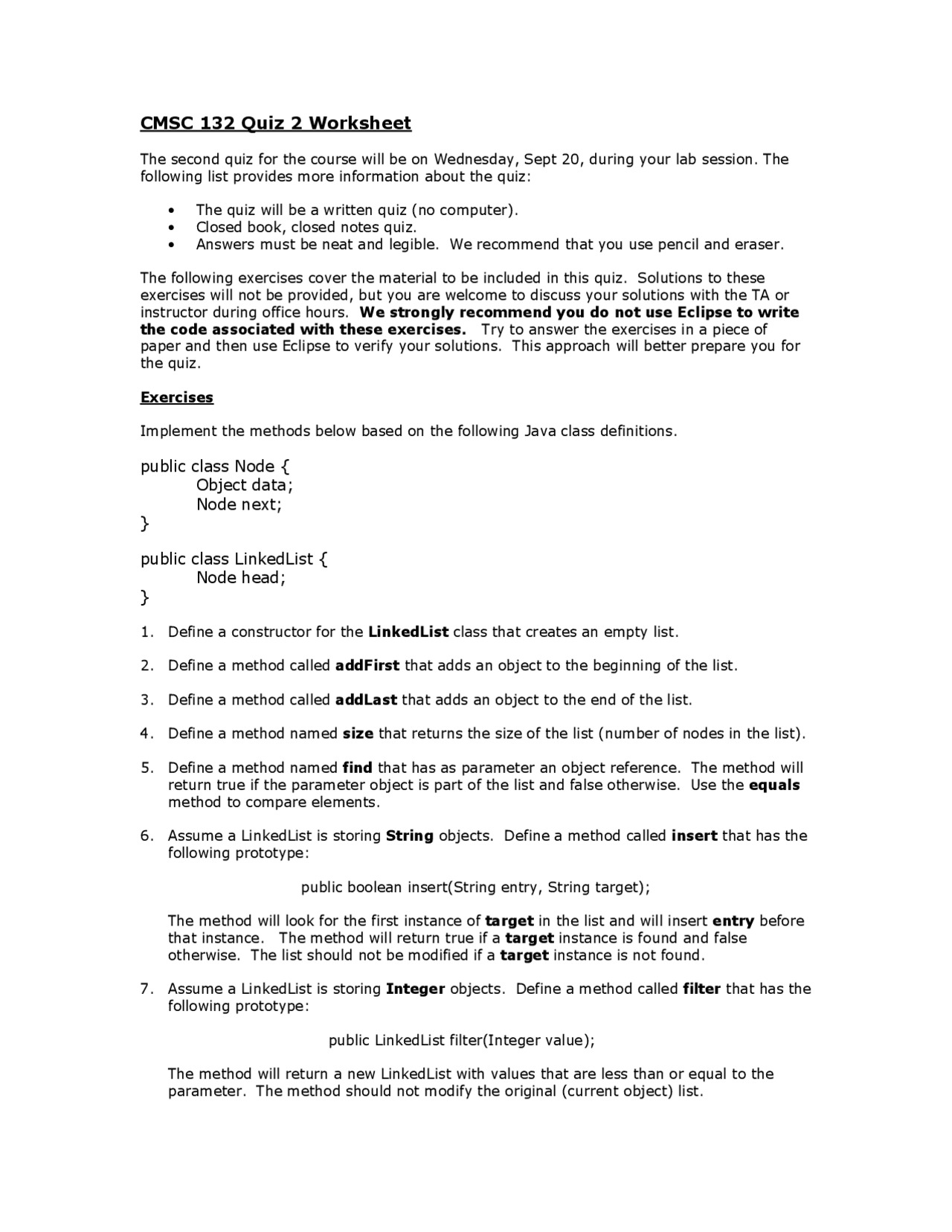 Object Oriented Programming I Quiz 2 Worksheet Cmsc 132 Docsity