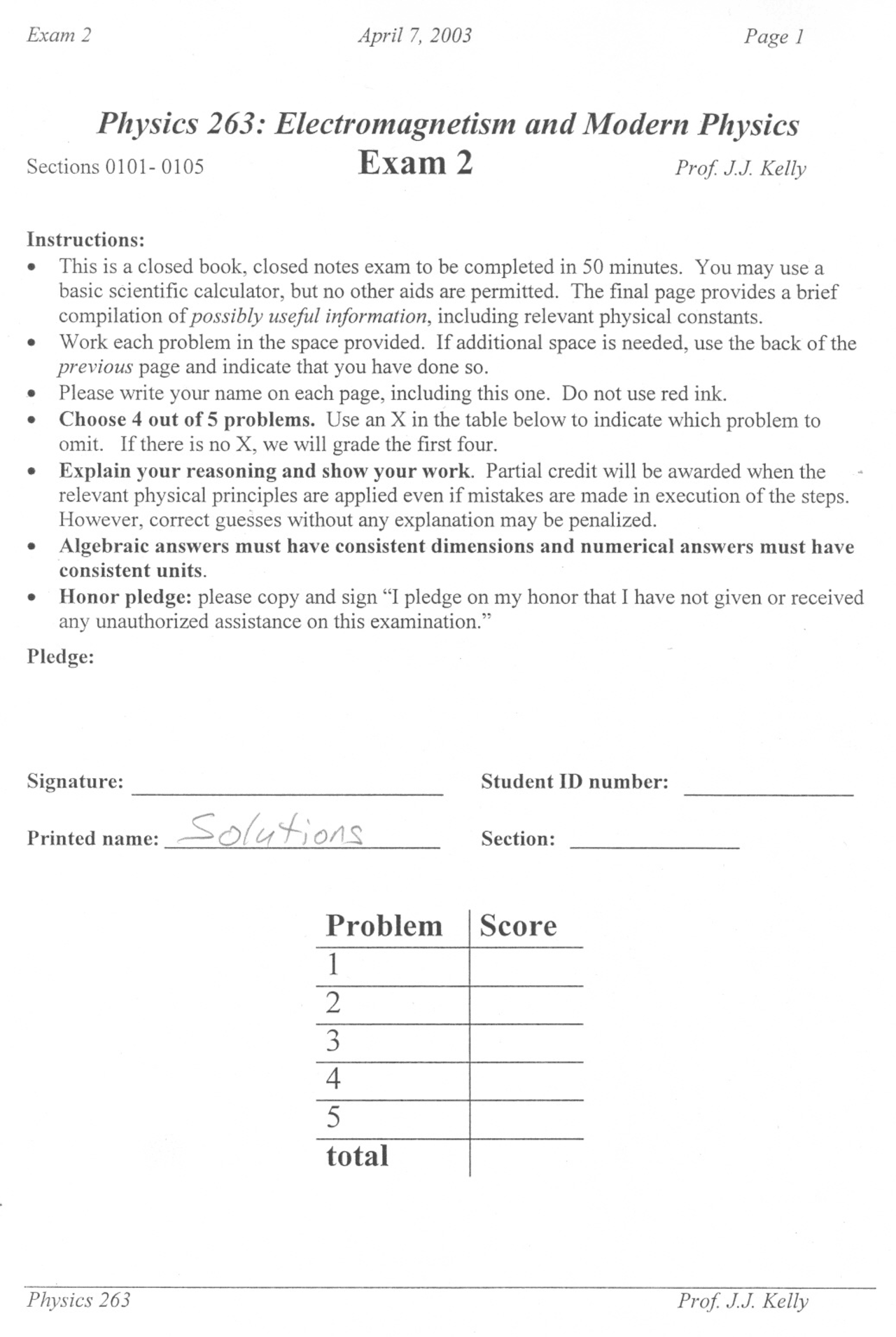 Exam 2 With Solution For Electromagnetism And Modern Physics Phys 263