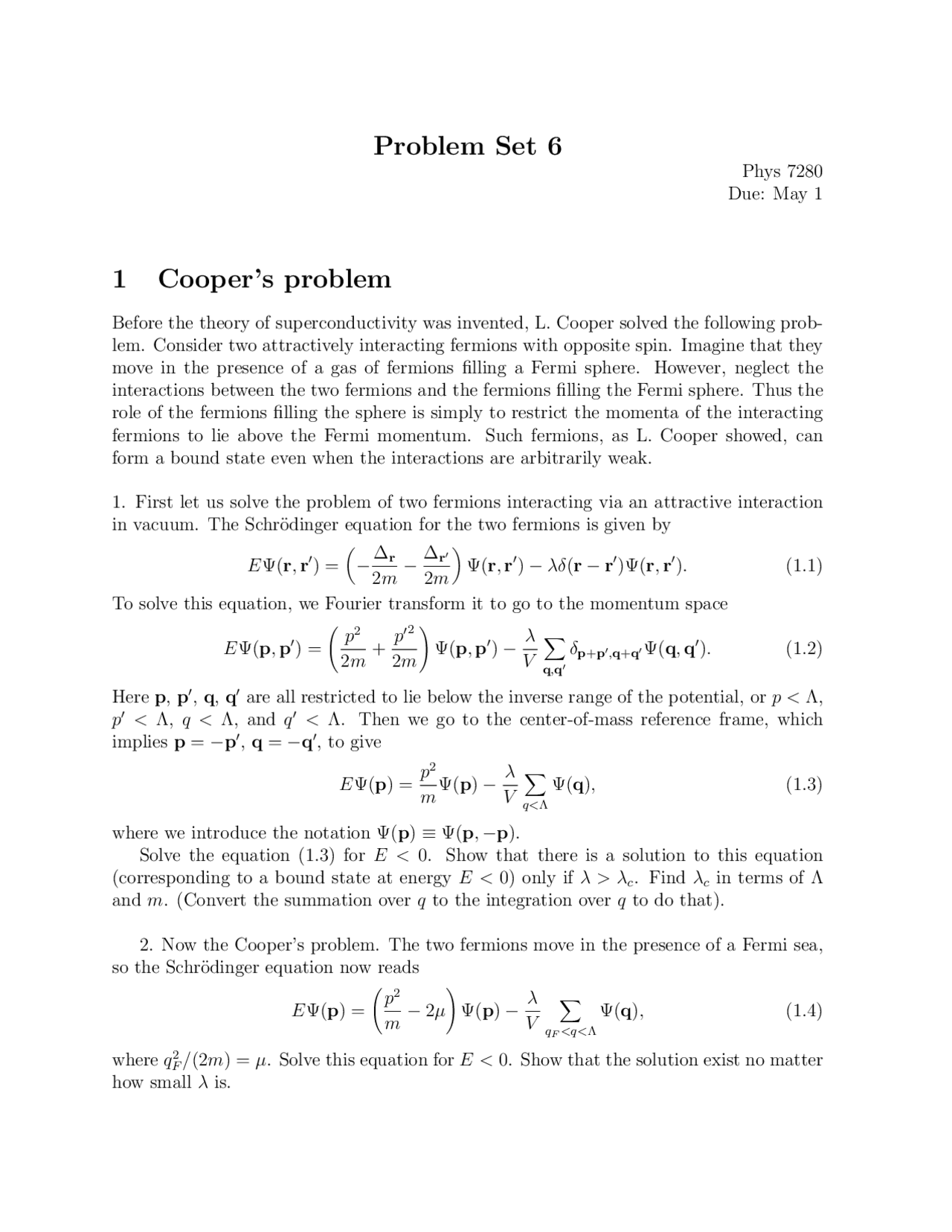 Advanced Quantum Theory Problem Set 6 Phys 7280 Docsity