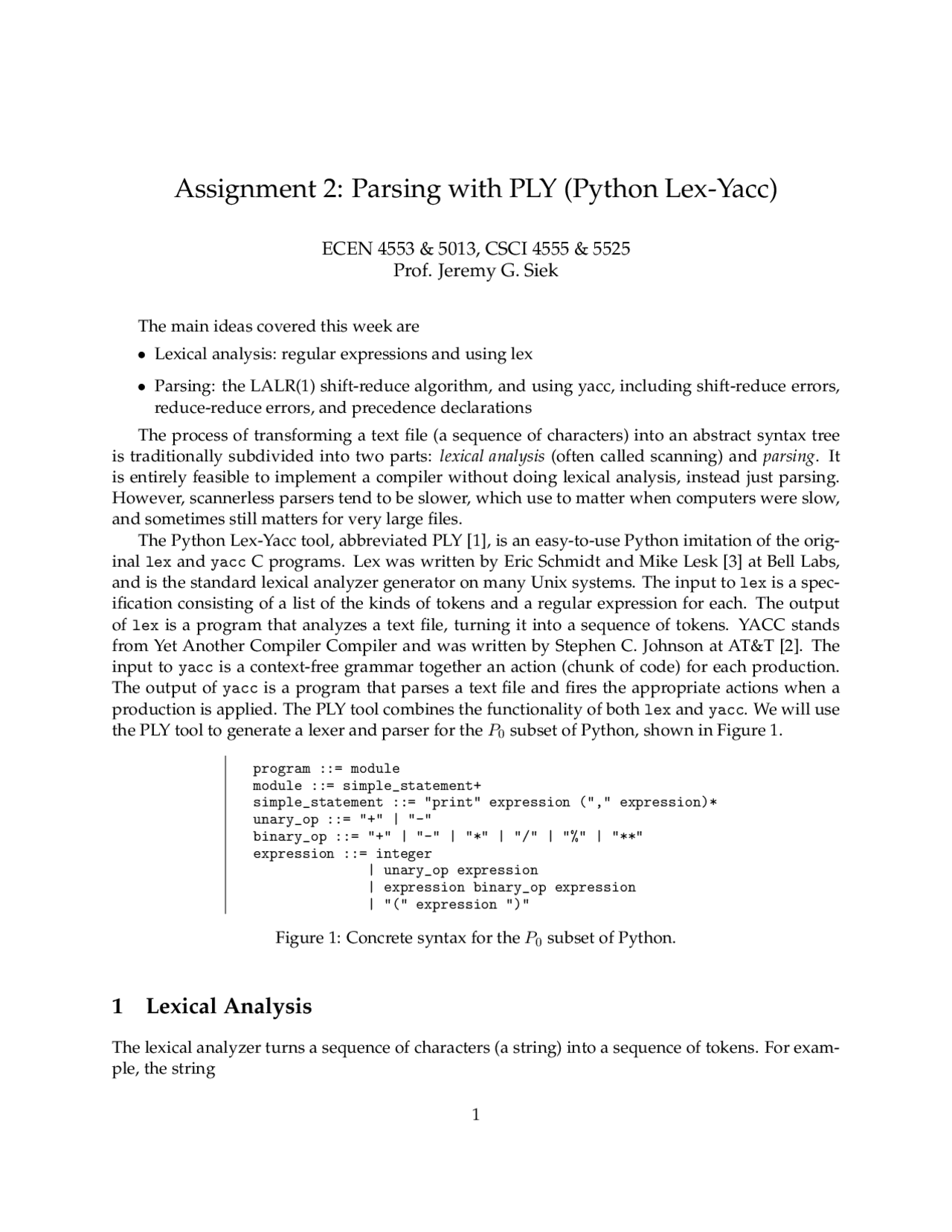 Parsing With Python Lex Yacc Assignment 2 Compiler Construction Ecen 4553 Docsity