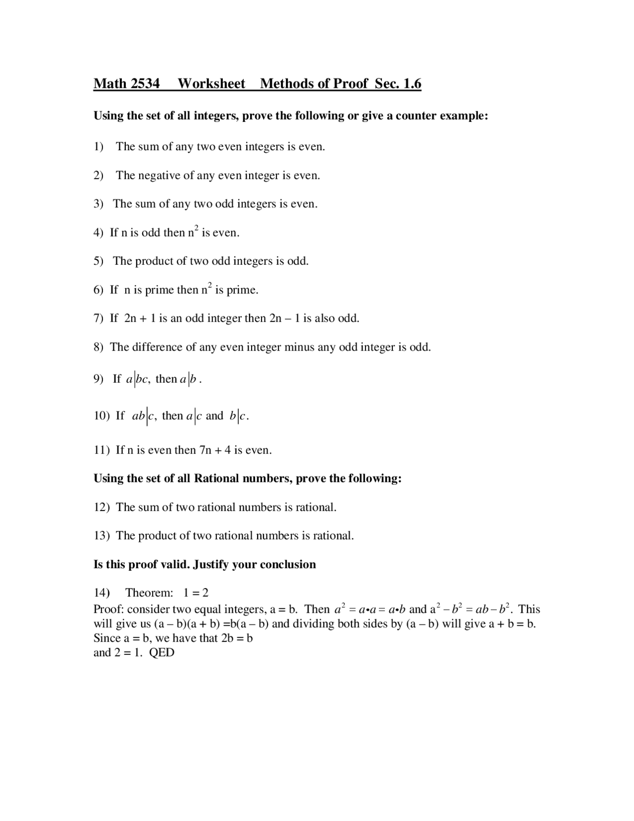 Introduction to Discrete Math - Worksheet - Methods of Proof | MATH 2534 - Docsity