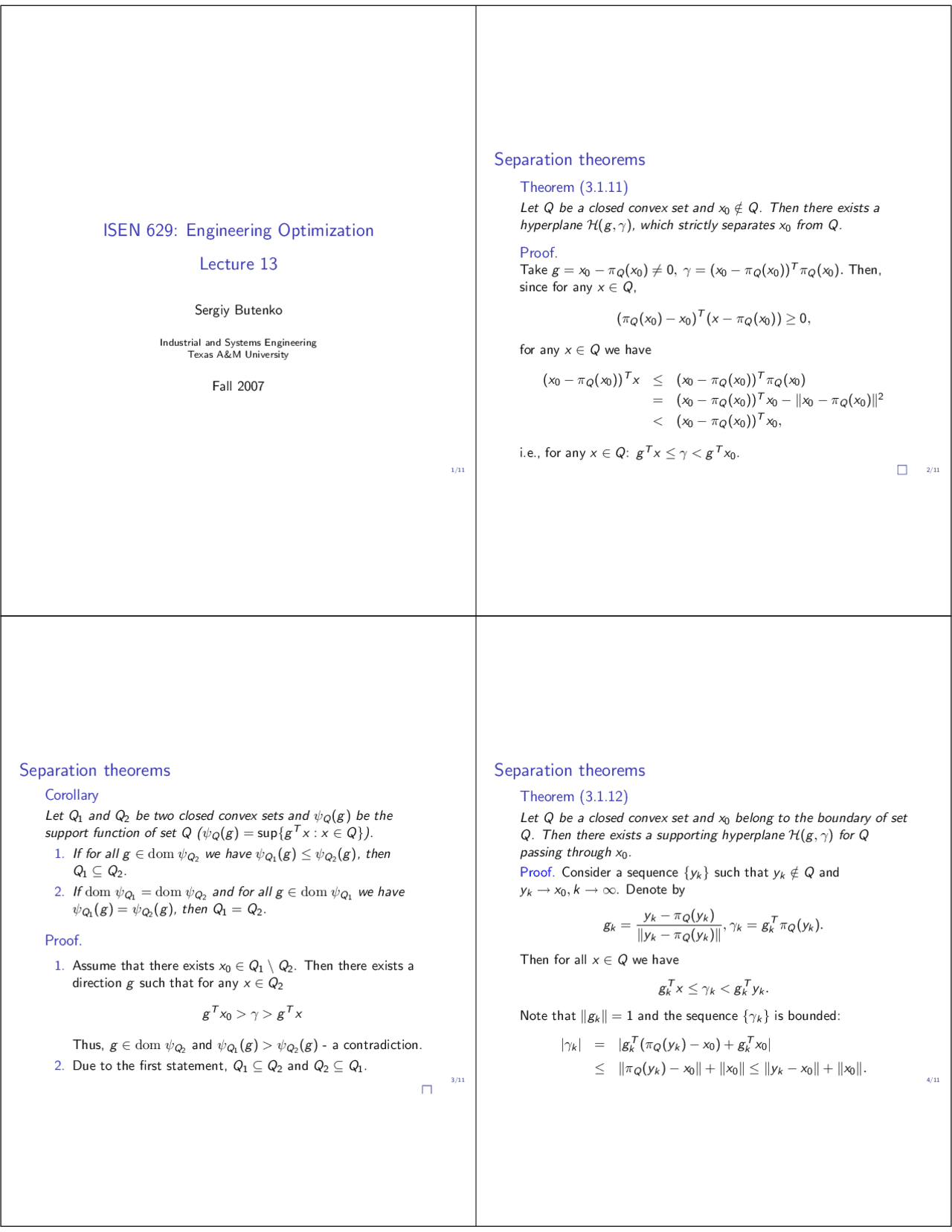 Separation Theorem Lecture 13 Engineering Optimization Isen 629