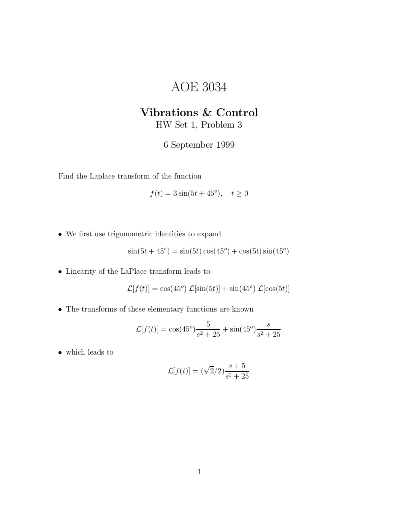 Find Laplace Transform Of Function Homework Set 1 Aoe 3034 Docsity