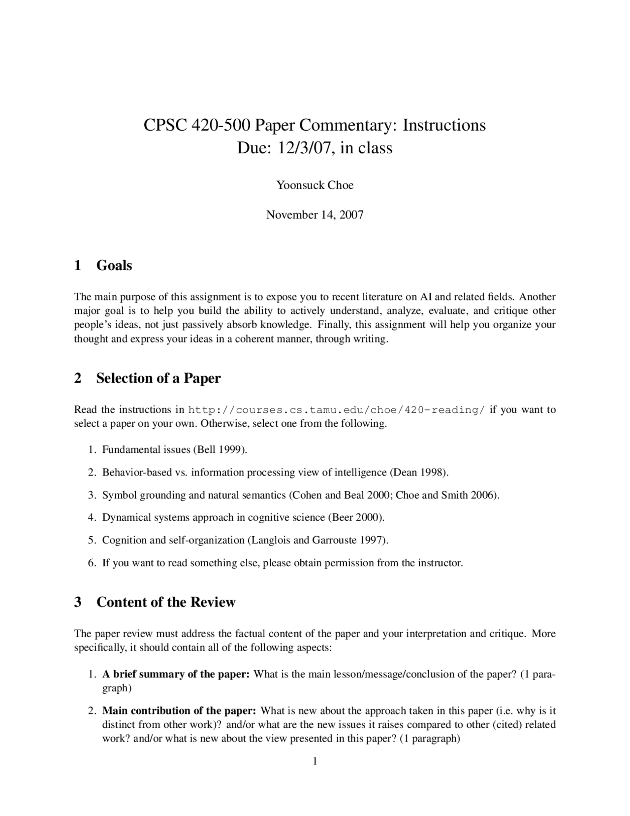 Paper Commentary Instructions Goals Artificial Intelligence Cpsc 420 Docsity