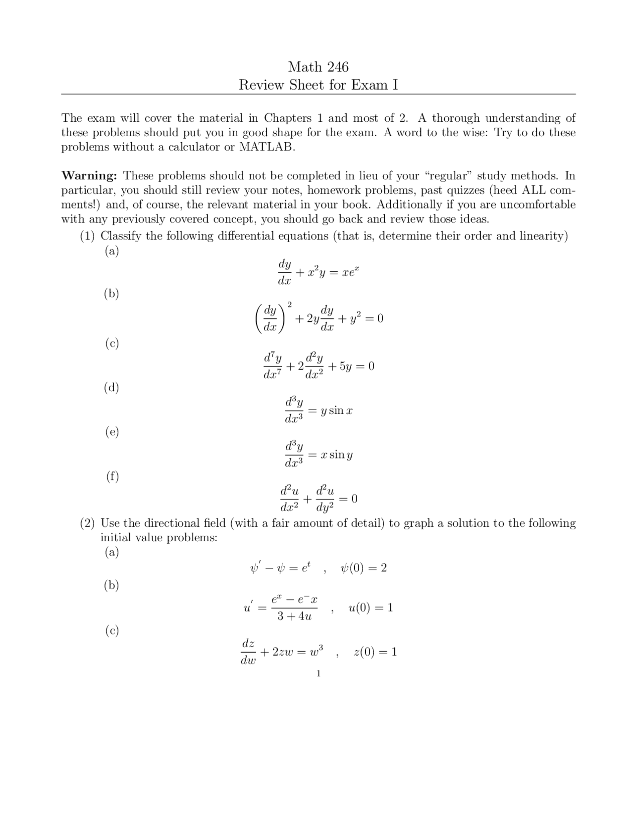Review Sheet for Exam 1 - Differential Equation for Science | MATH 246 ...