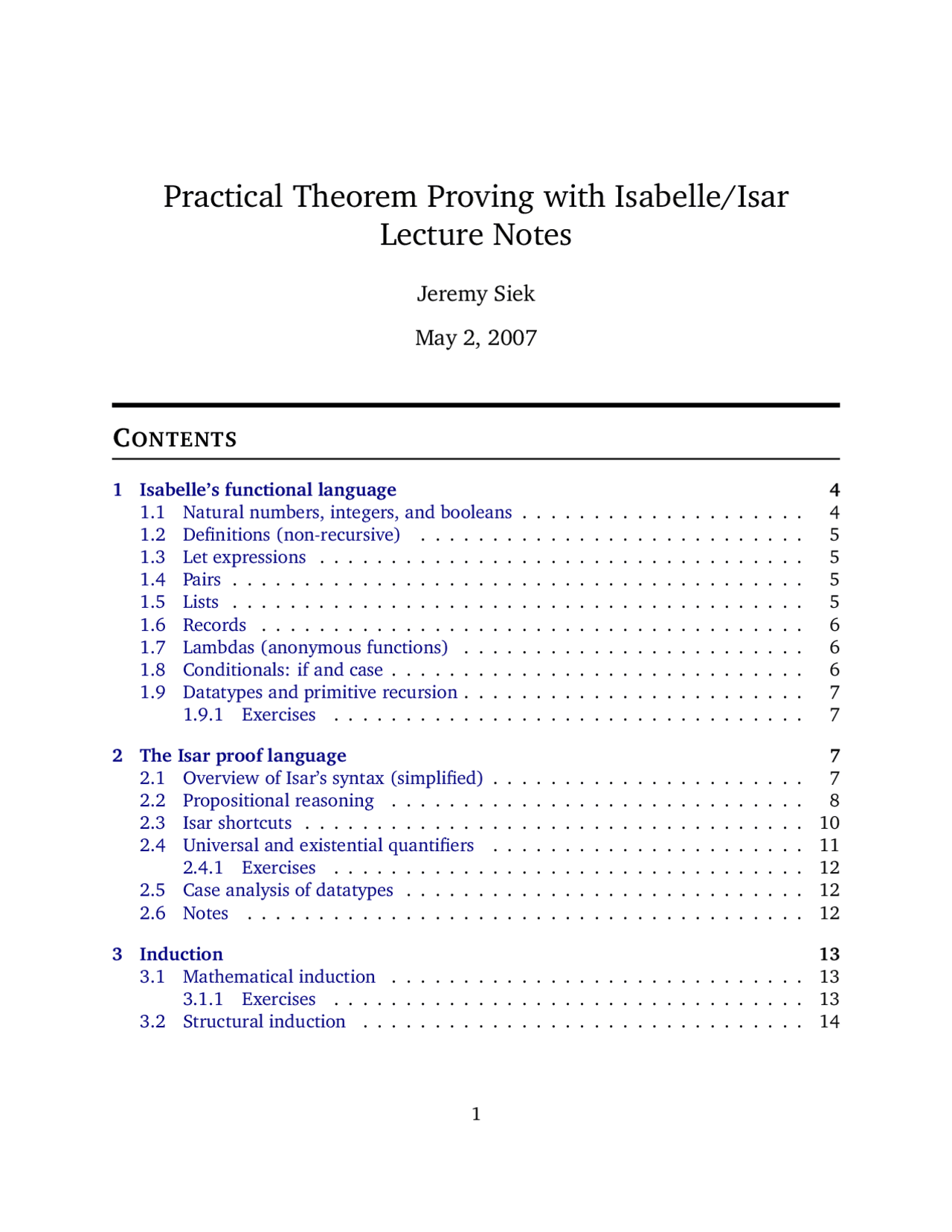 Practical Theorem Proving With Isabelle And Isar Lecture Notes Csci