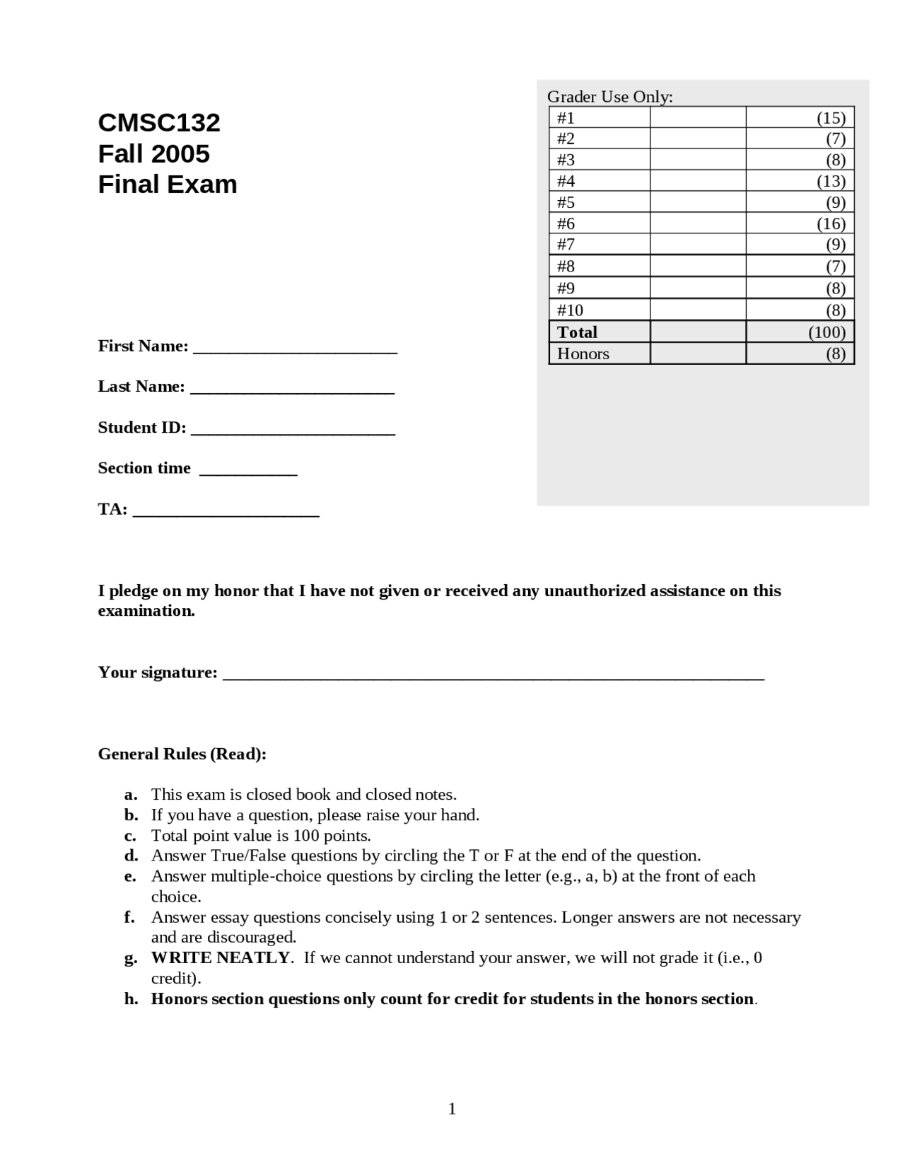 10 Problems On Object Oriented Program Ii Final Exam Cmsc 132 Docsity