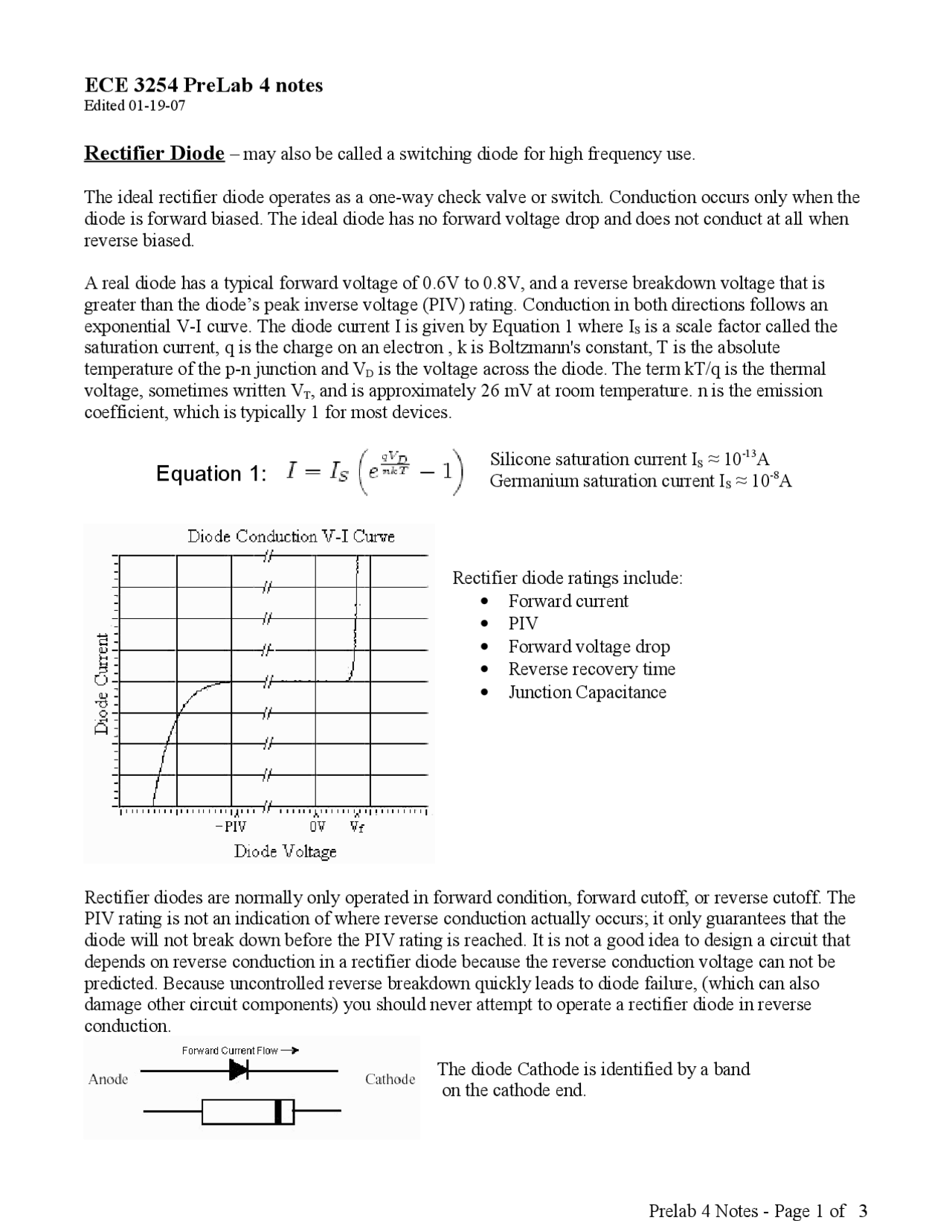 Rectifier Diodes Notes For Pre Lab 4 Ece 3254 Docsity