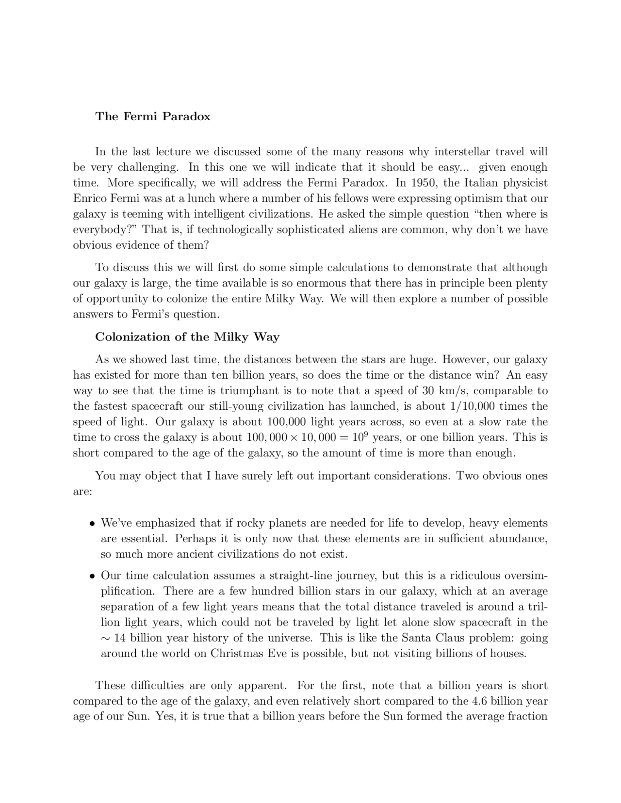 The Fermi Paradox Colonization Of Milky Way Astr 380 Docsity