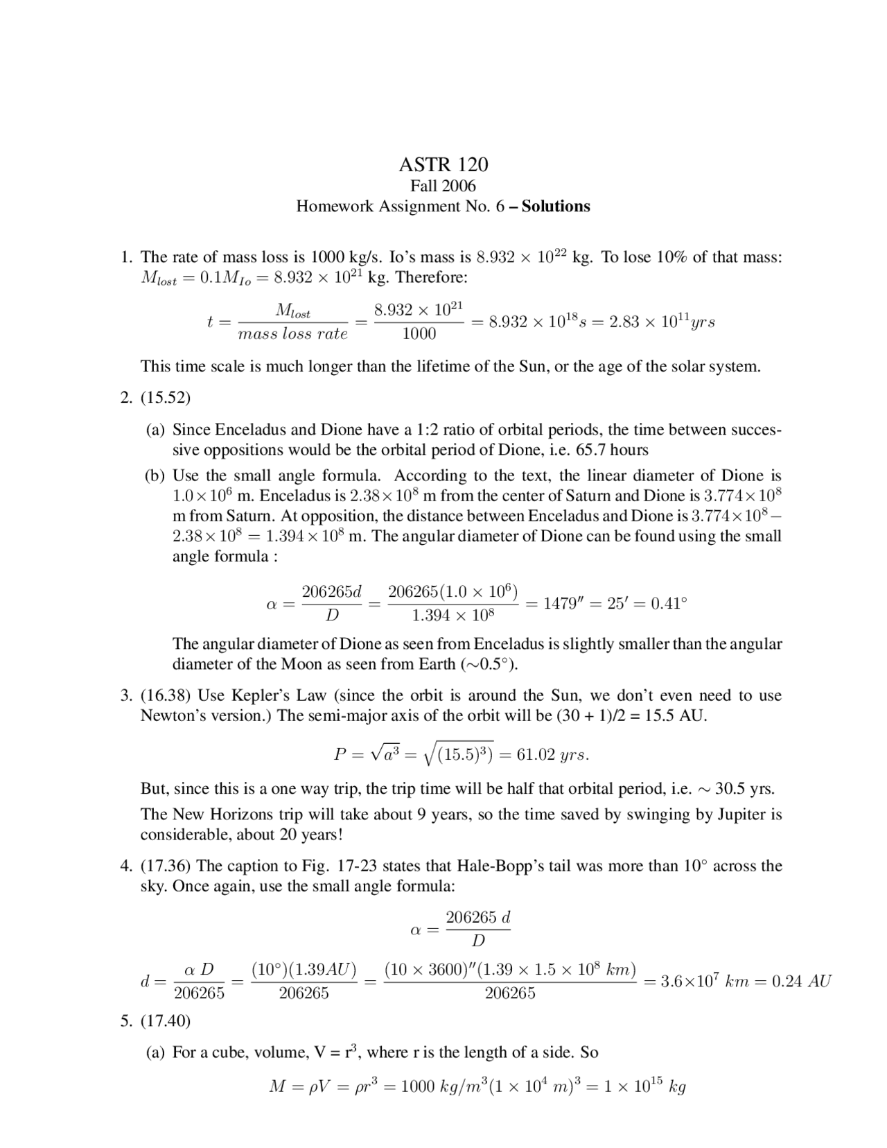Assignment 6 With Solution Introduction To Astrophysics Solar System