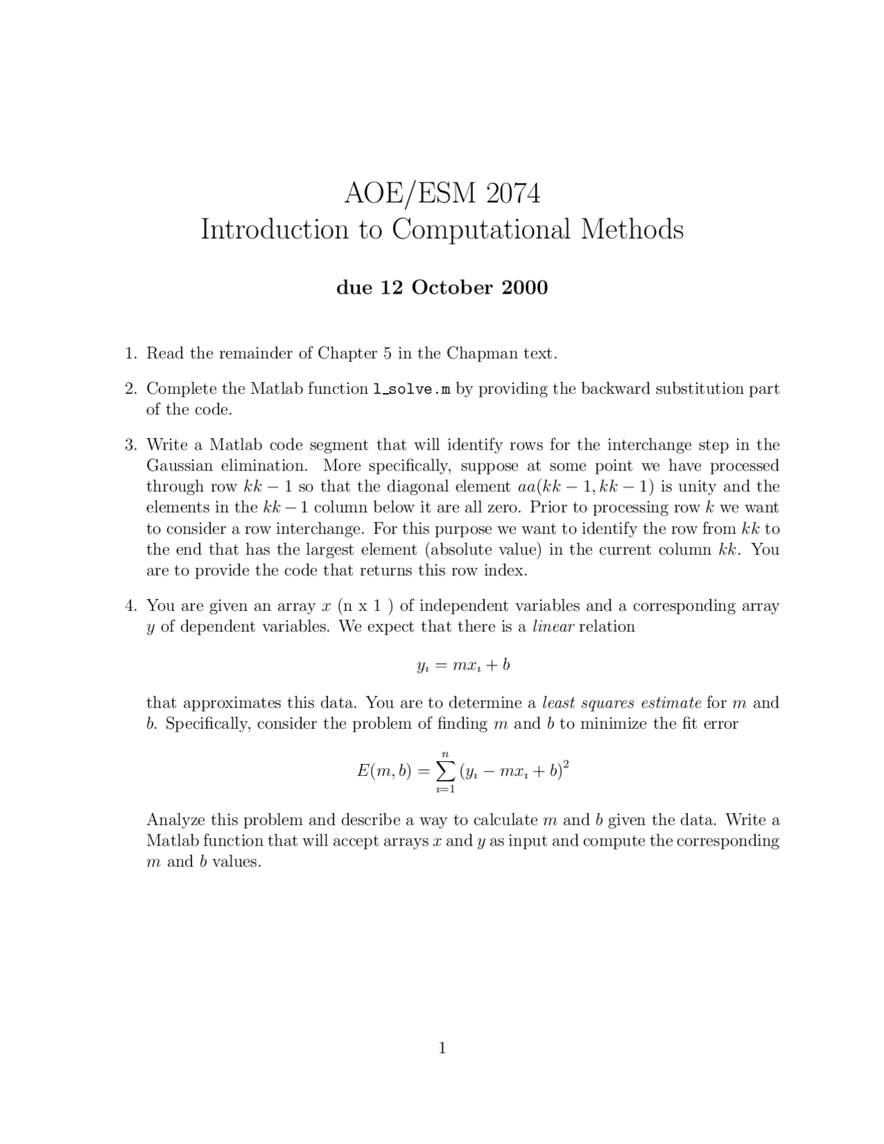 Assignment 5 Introduction To Computational Methods Aoe 2074 Docsity