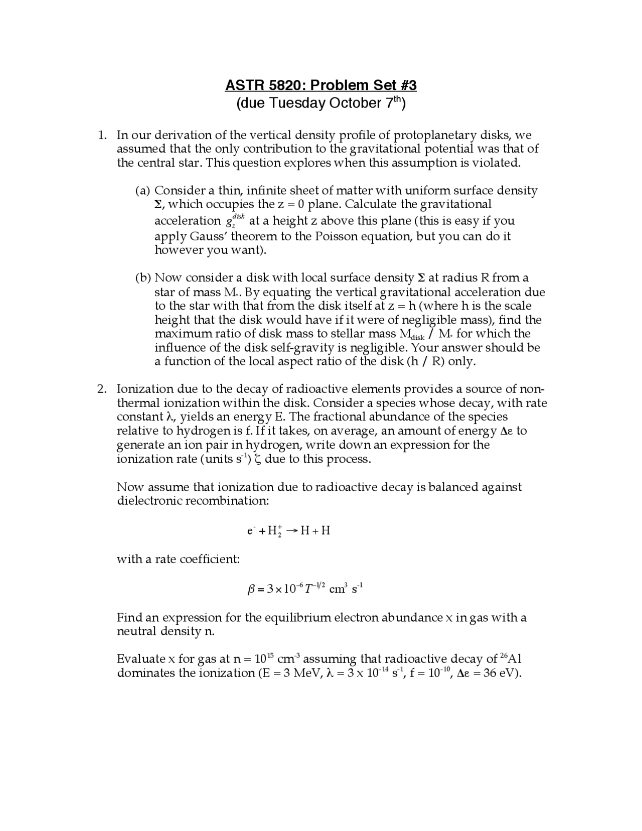 Problem Set 3 Origin And Evolution Of Planetary Systems Astr 5820