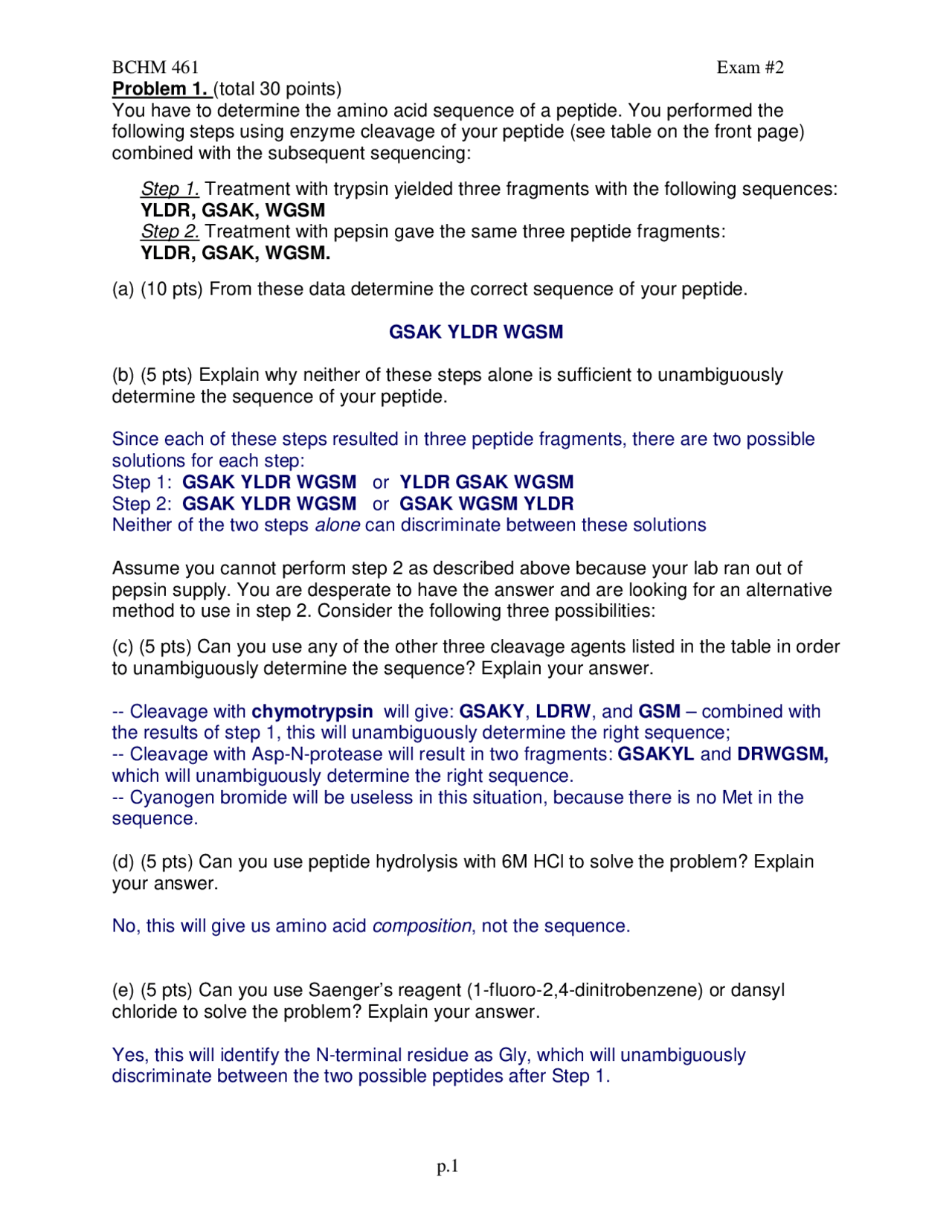 Biochemistry I Exam 2 Questions With Answers Bchm 461 Docsity