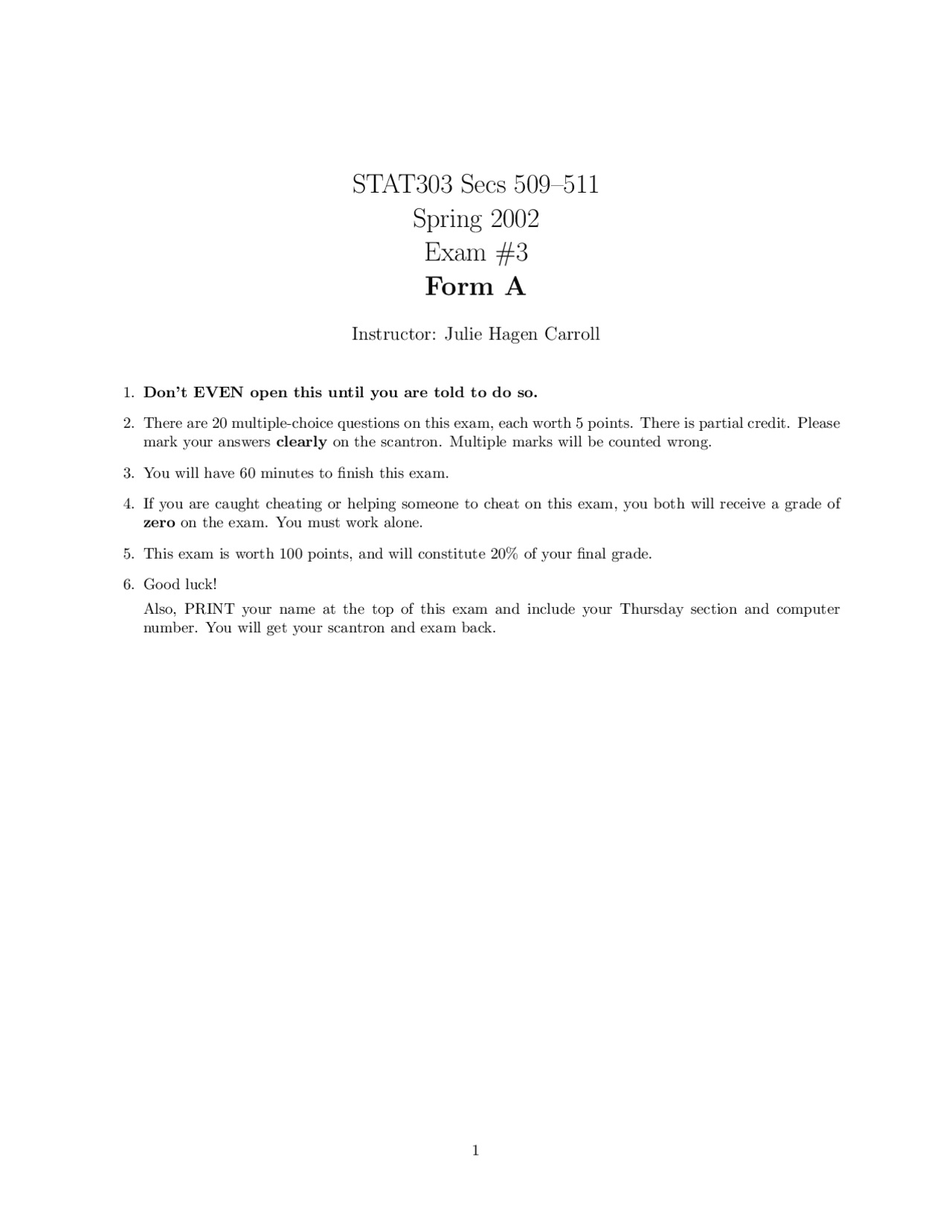 Statistical Methods Exam 3 Form A Questions Stat 303 Docsity