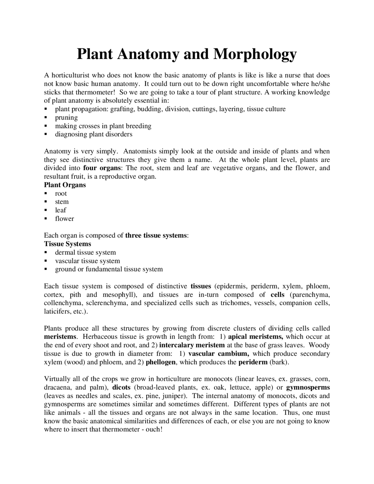 Plant Anatomy And Morphology Lecture Notes HORT 604 Study Notes Plant Anatomy And Morphology Lecture Notes HORT 604 Study Notes