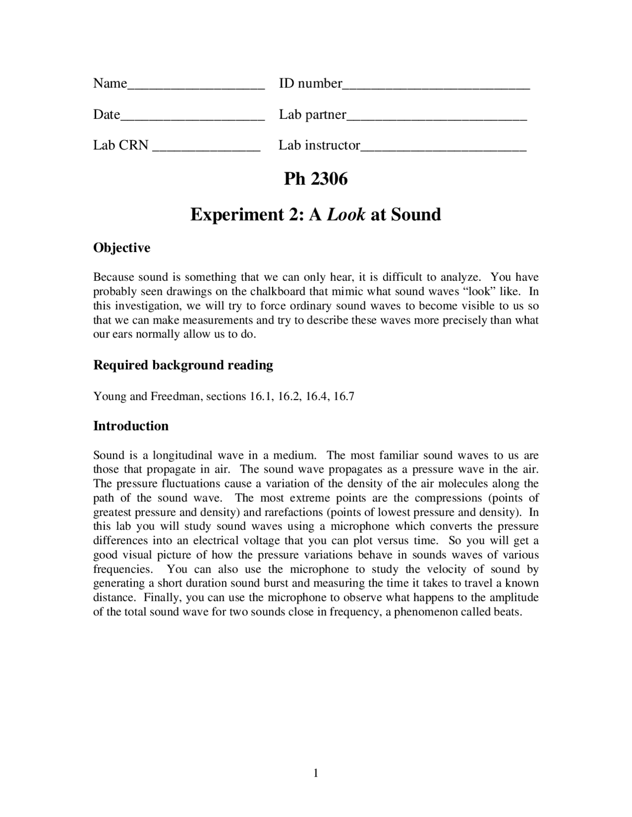 A Look At Sound Lab Experiment 2 Phys 2306 Docsity