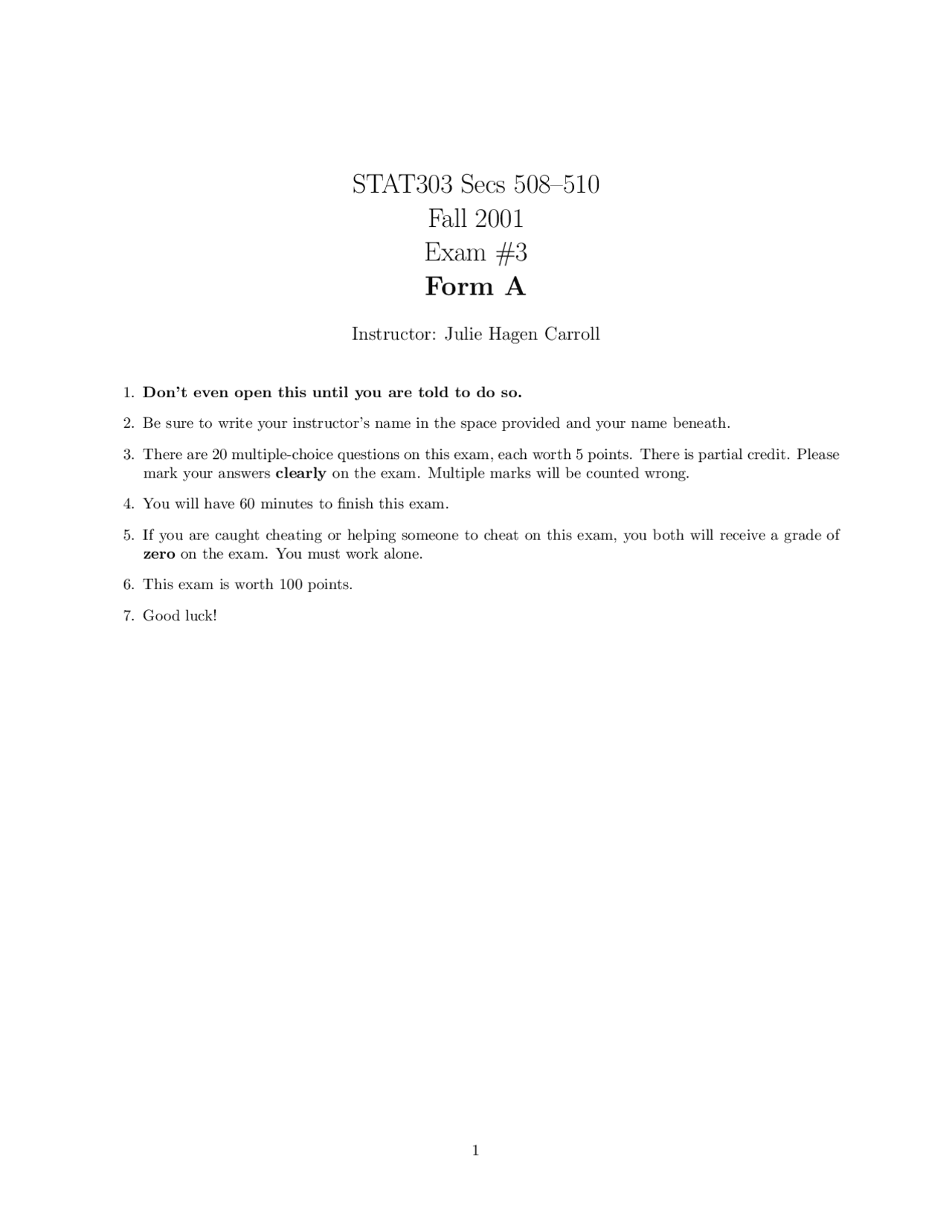 Exam 3 Statistical Methods Fall 2001 Stat 303 Docsity