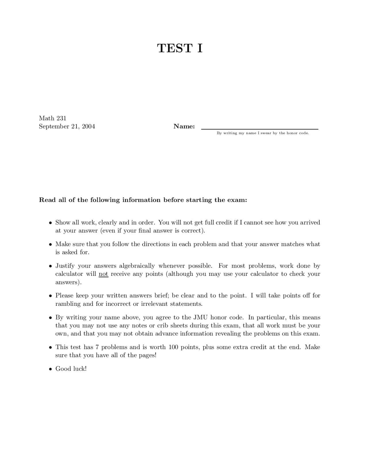 Math 231 Exam: September 21, 2004 - Prof. Laura Taalman | Exams ...