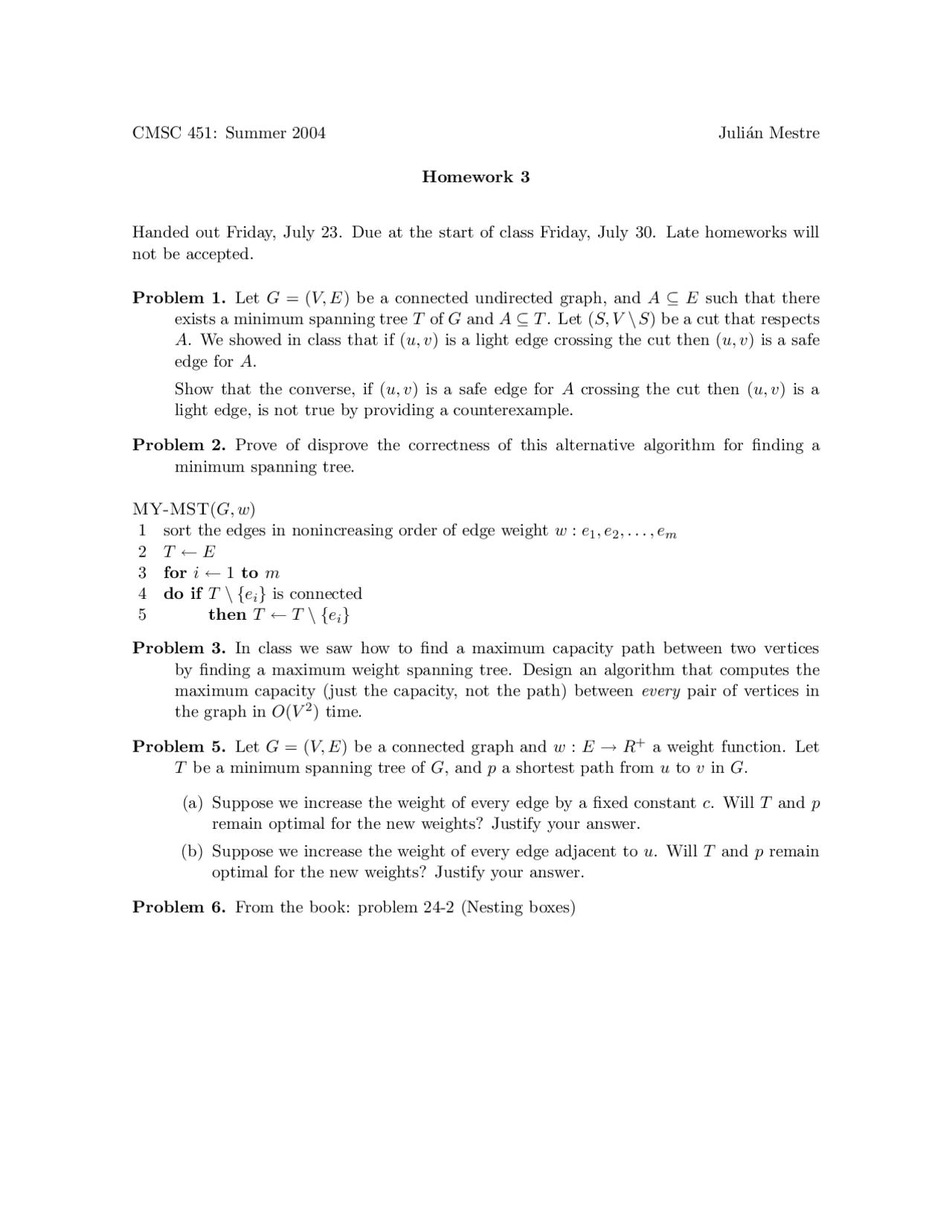 Homework 3 With 5 Problems Design And An Computer Algorithms Cmsc 7094