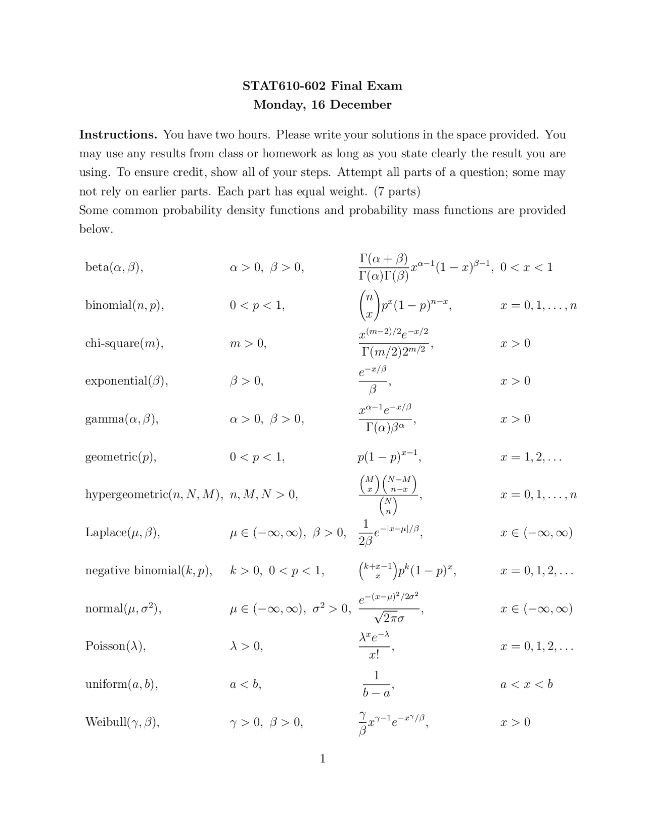 3 Questions Of Distribution Theory Final Exam Stat 610 Docsity