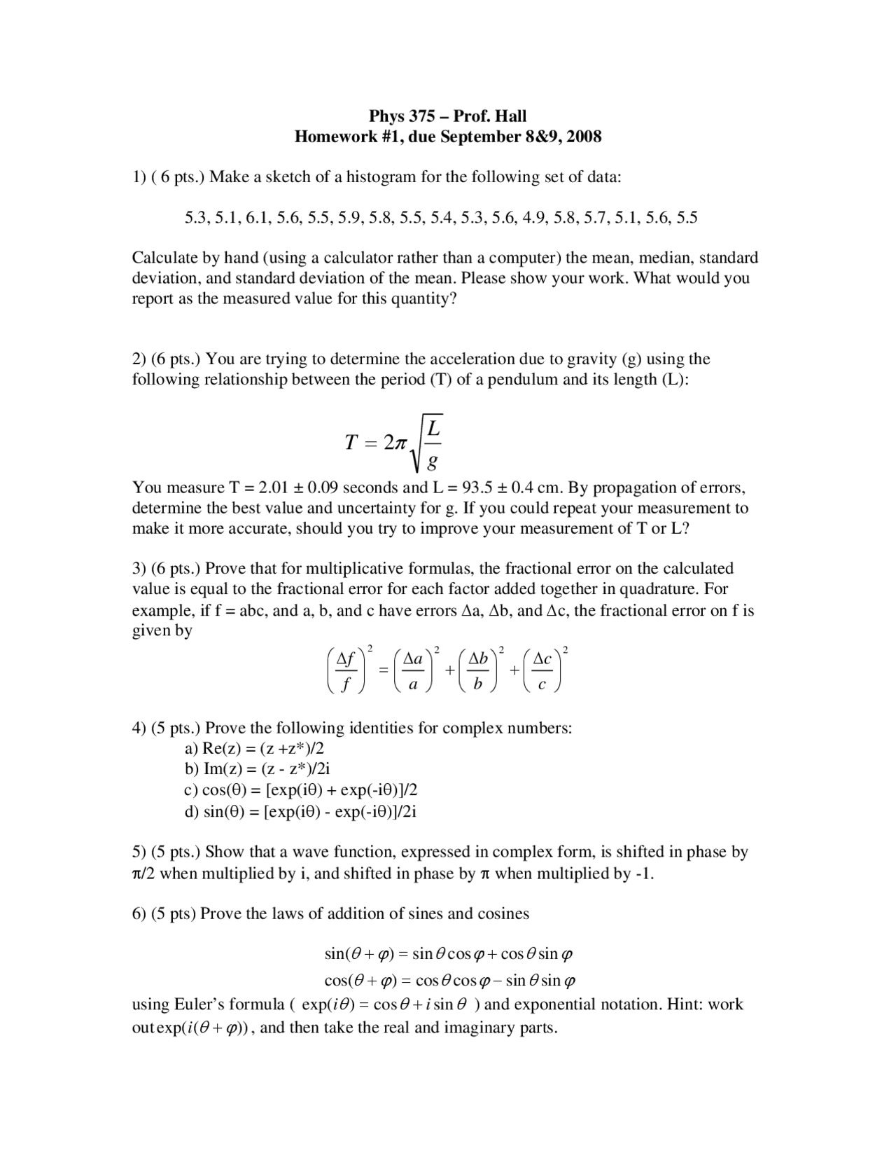 Homework 1 Questions Experimental Physics Iii Phys 375 Docsity
