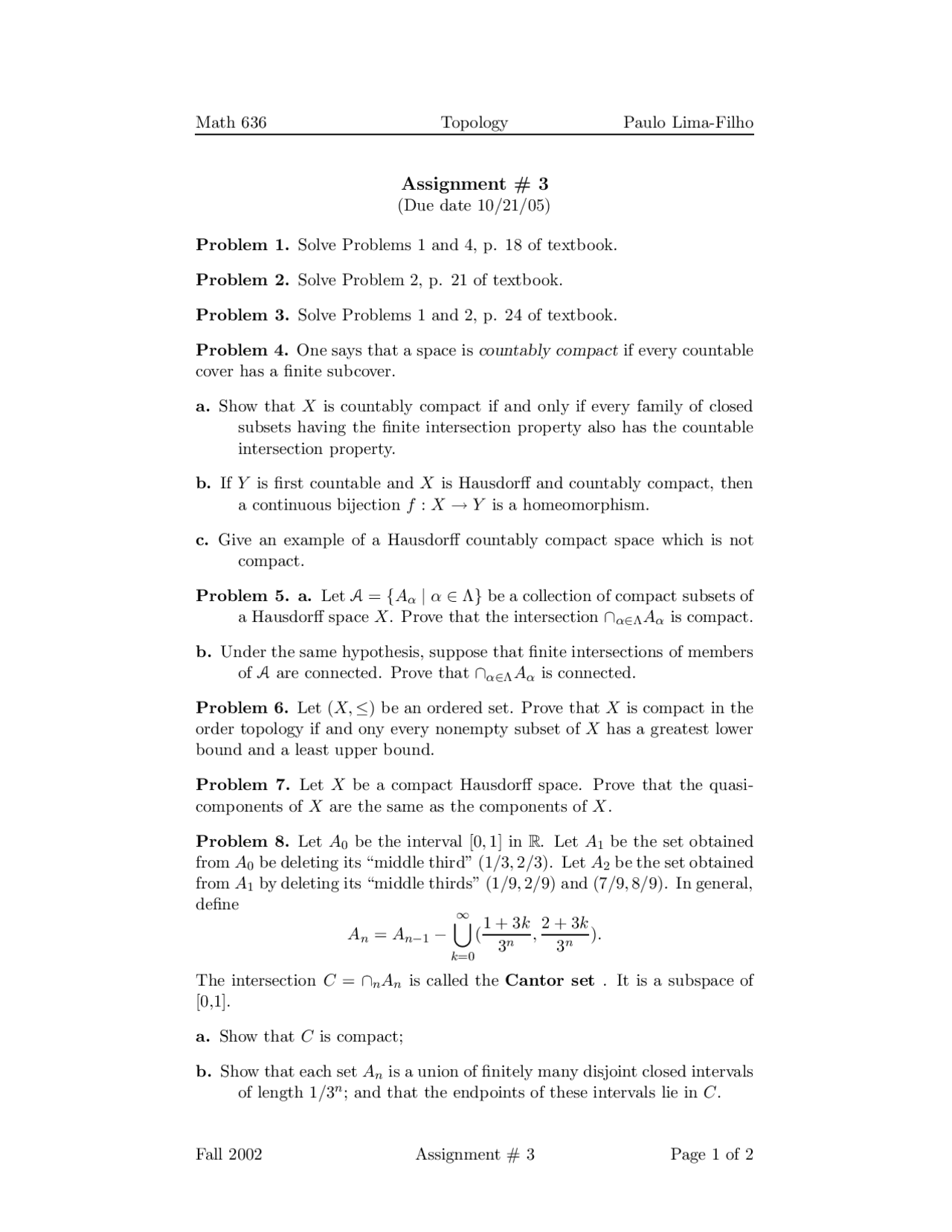 10 Problems On The Topology L Homework 3 Math 636 Docsity
