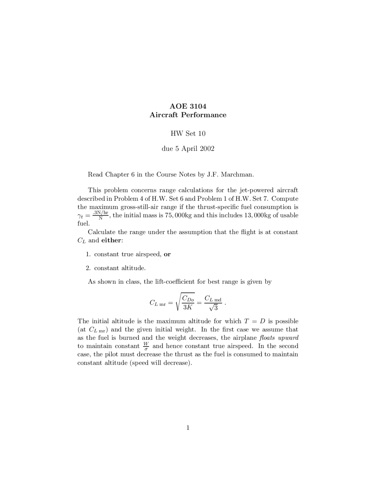 Assignment 10 For Aircraft Performance Aoe 3104 Docsity