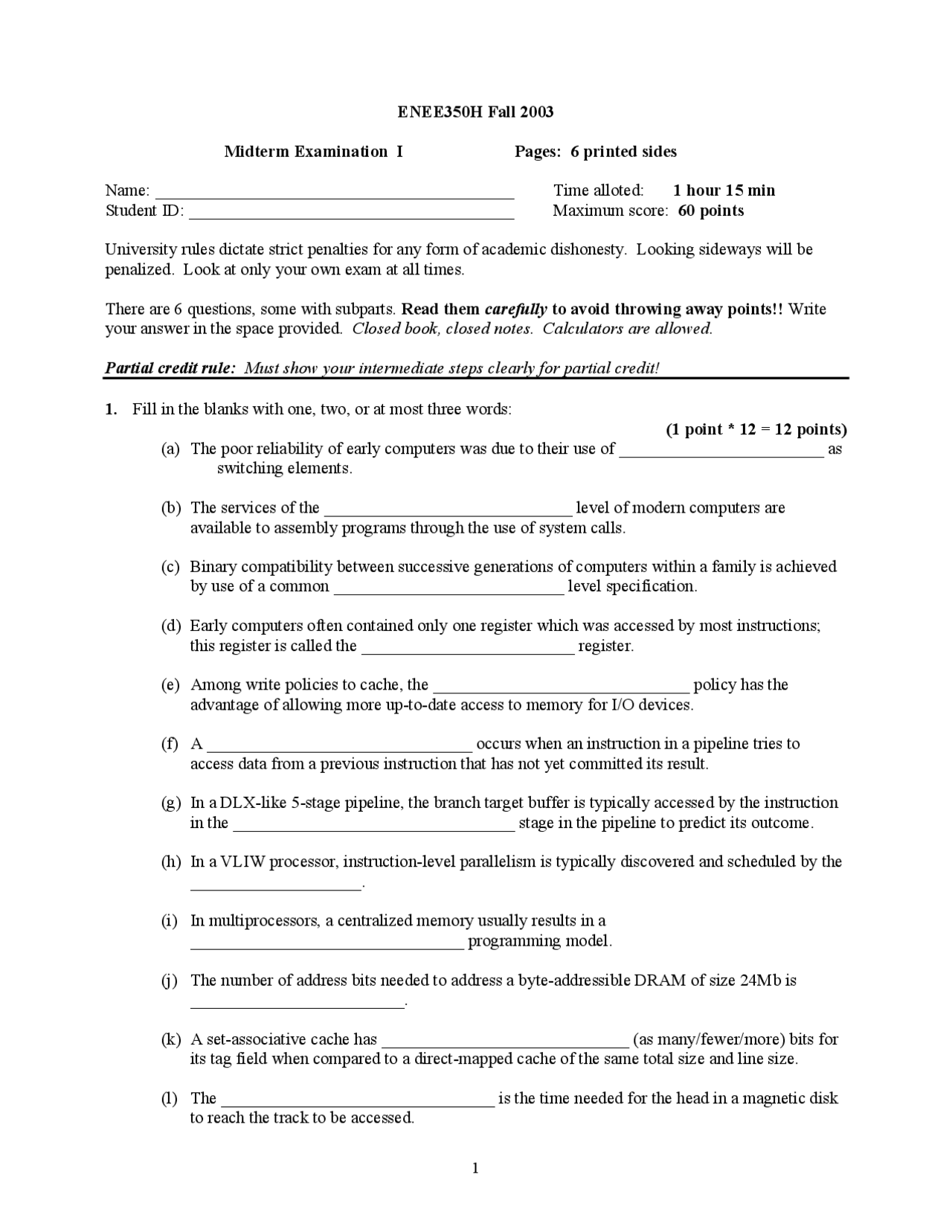 Midterm Exam 1 Computer Organization Enee 350h Exams Computer Architecture And