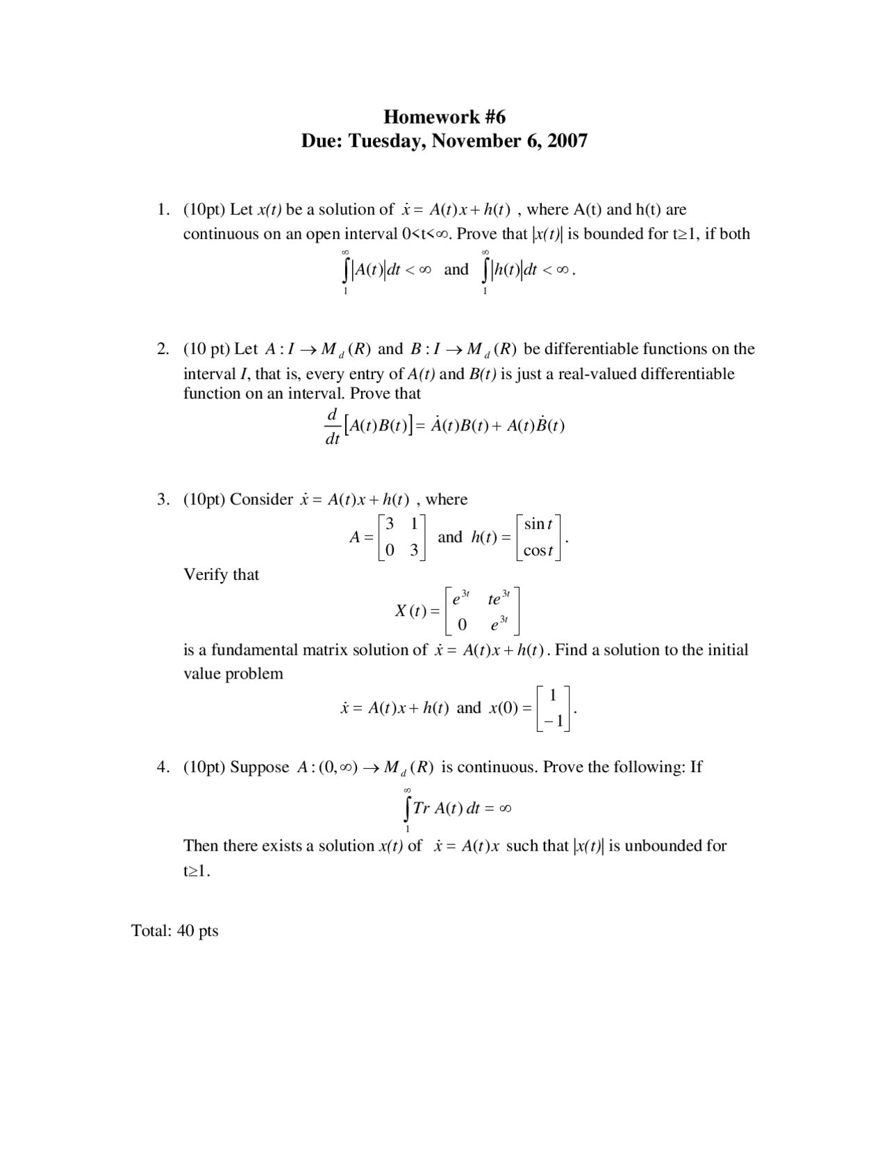 Homework 6 Ordinary Differential Equations I Math 670 Docsity
