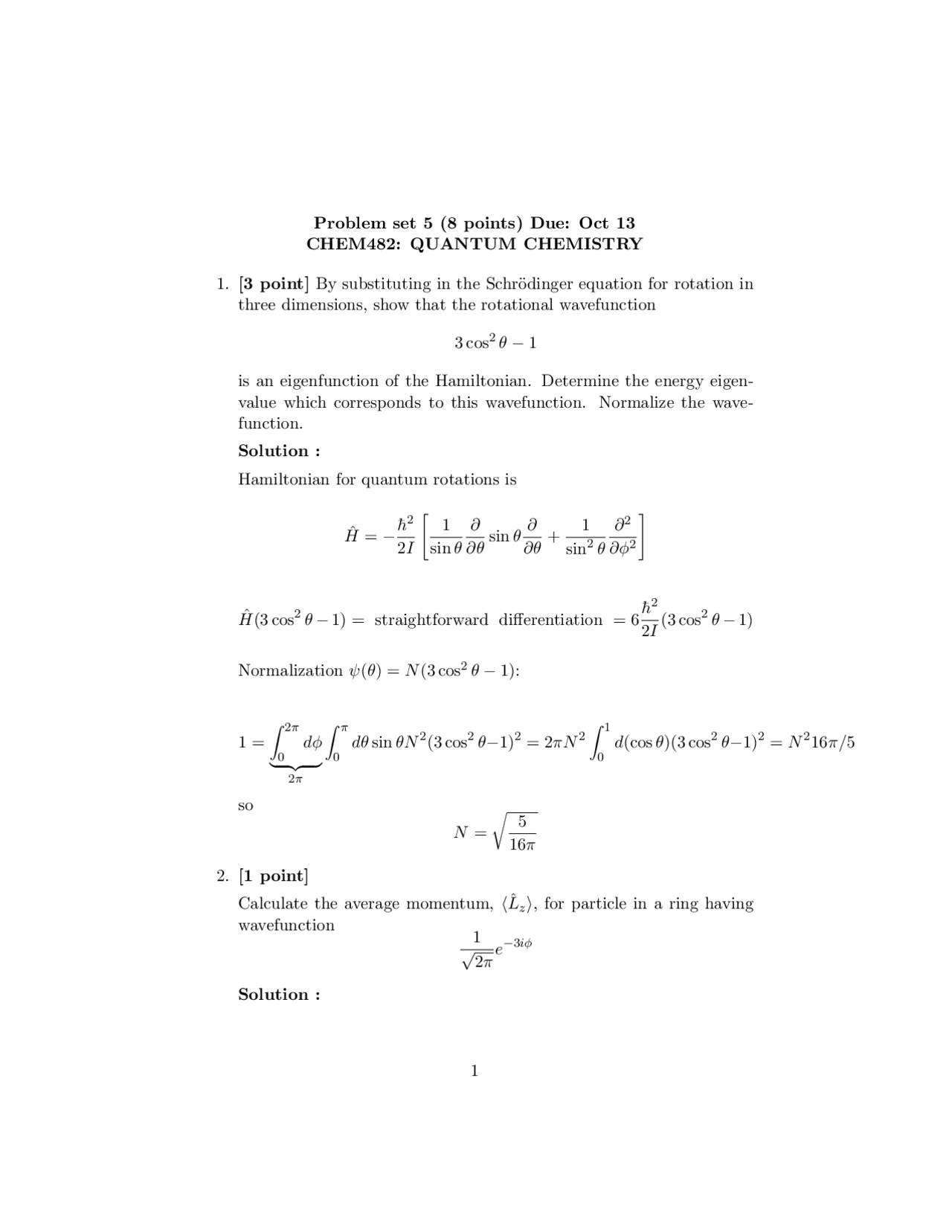 Physical Chemistry Ii Assignment Chem 482 Docsity