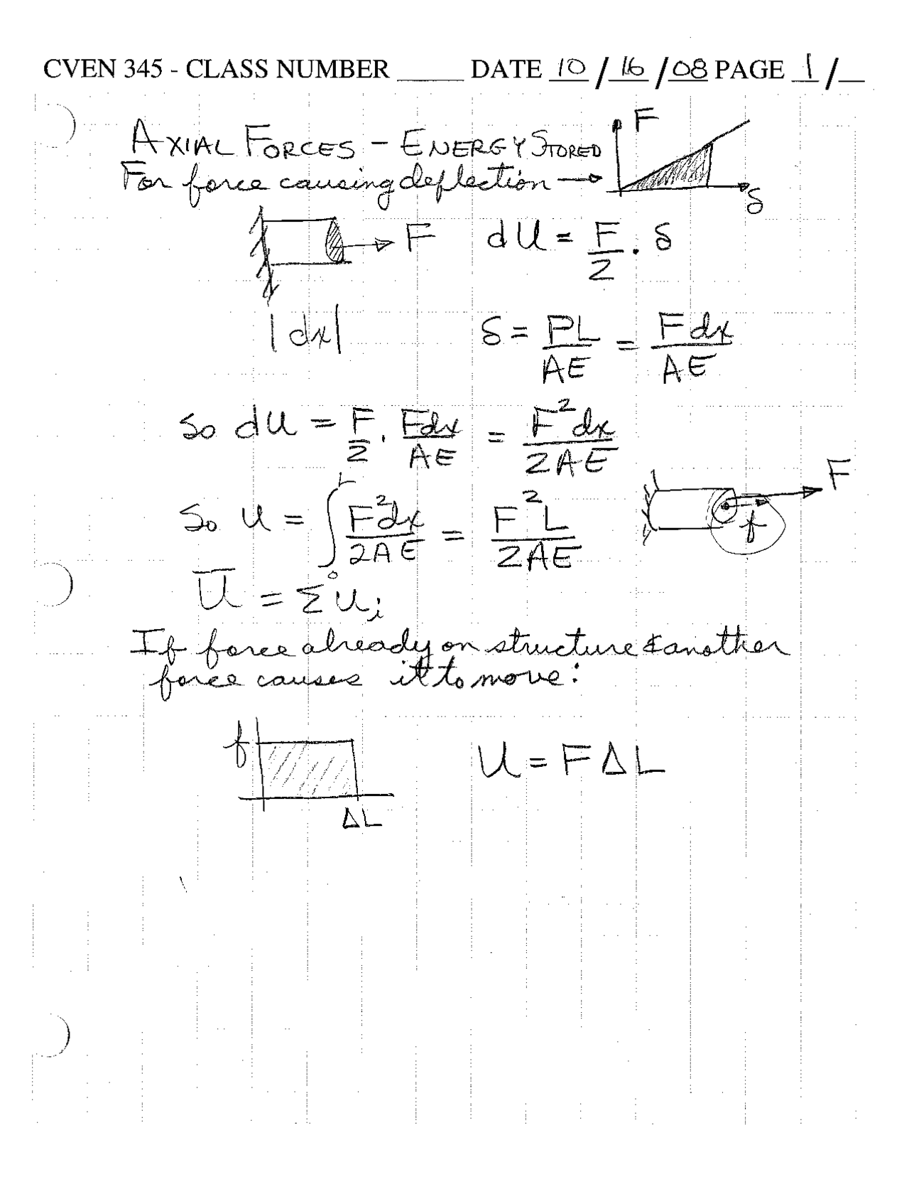 Notes On Axial Forces Energy Stored For Force Causing Deflection