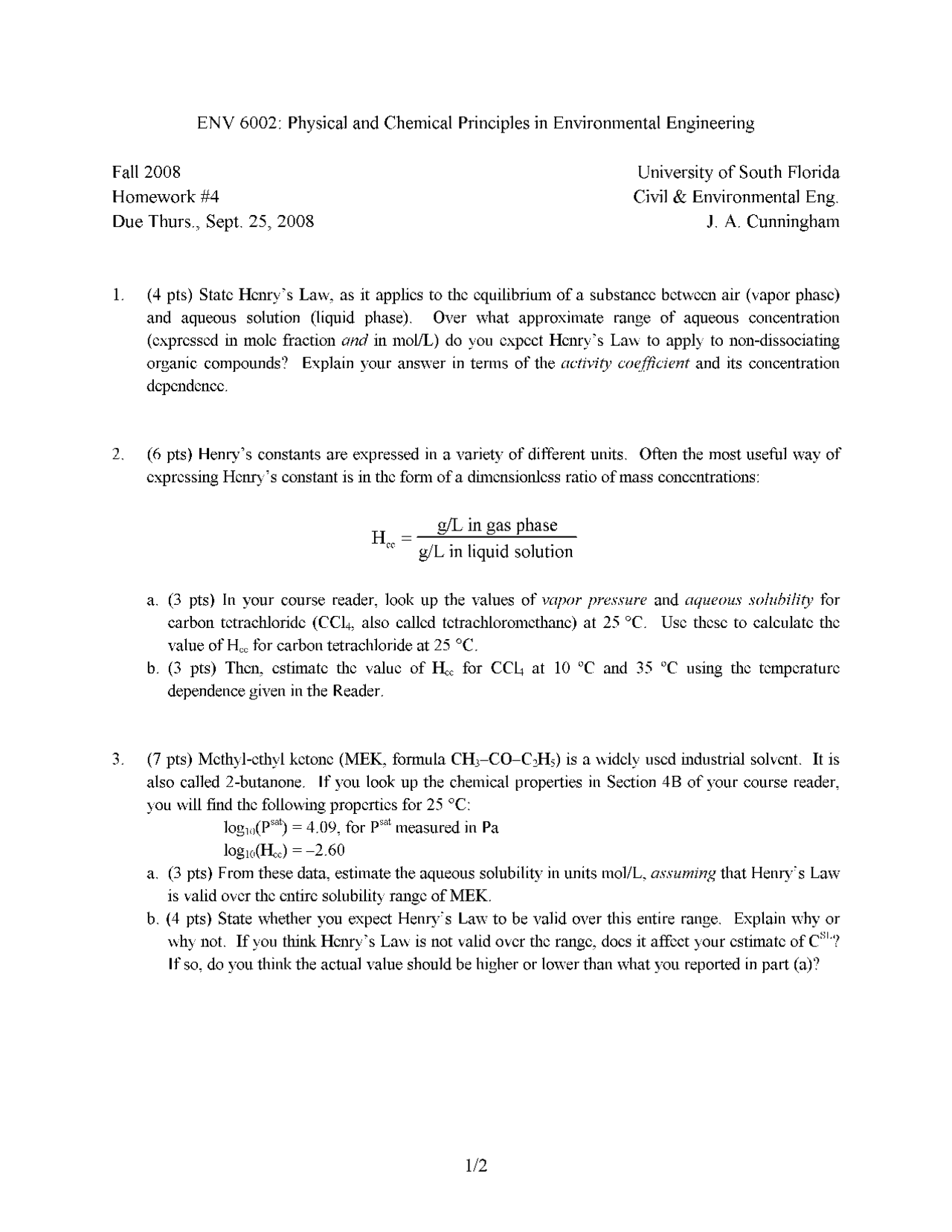 Henrys Law Homework 4 Physical And Chemical Principles Env 6002
