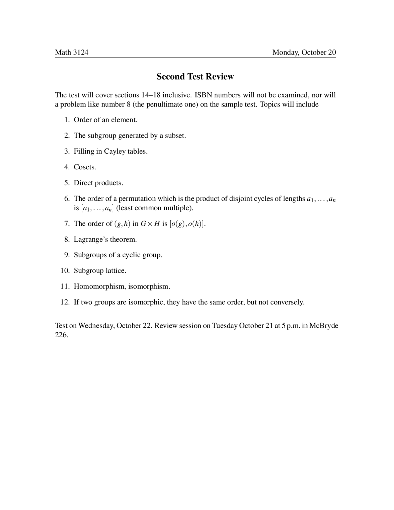 Review Sheet For Test 2 Modern Algebra Math 3124 Docsity