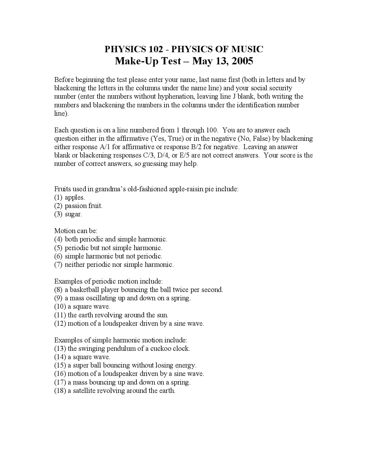Past Exam Questions Physics Of Music 2005 Phys 102 Docsity