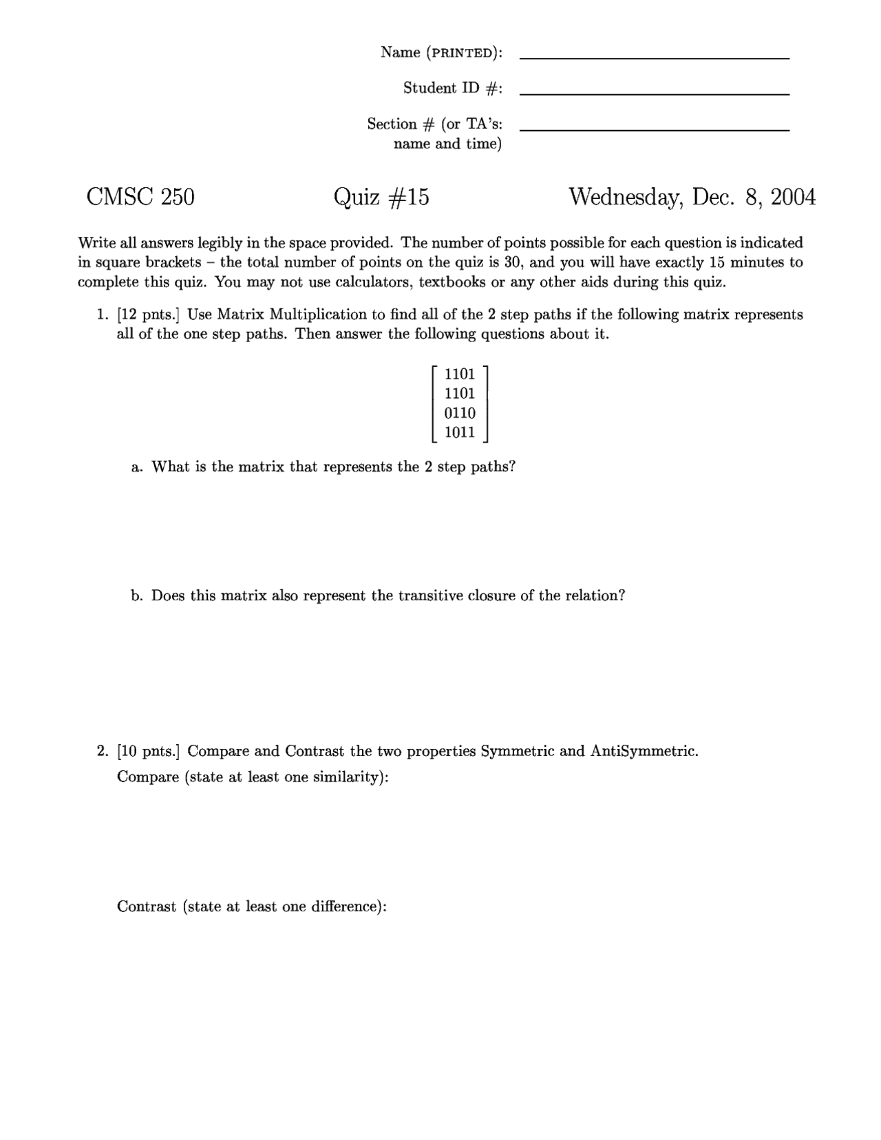 Quiz 15 With 3 Questions Discrete Structures 2004 Cmsc 250 Docsity 5094