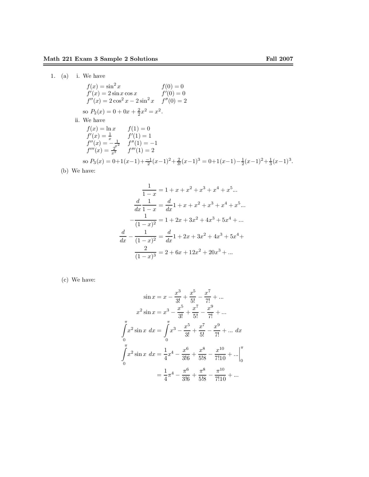 Solutions For Elementary Calculus Ii Sample Exam 3 Math 221 Docsity