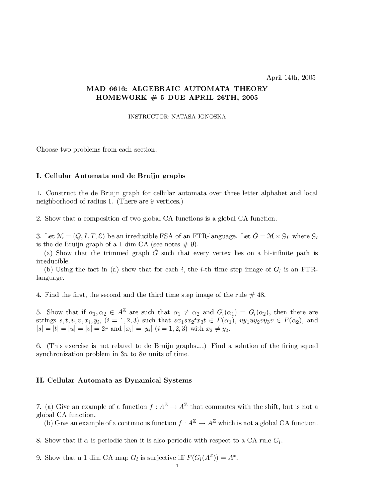 Cellular Automata And De Bruijn Graphs Homework 5 Mad 6616 Docsity