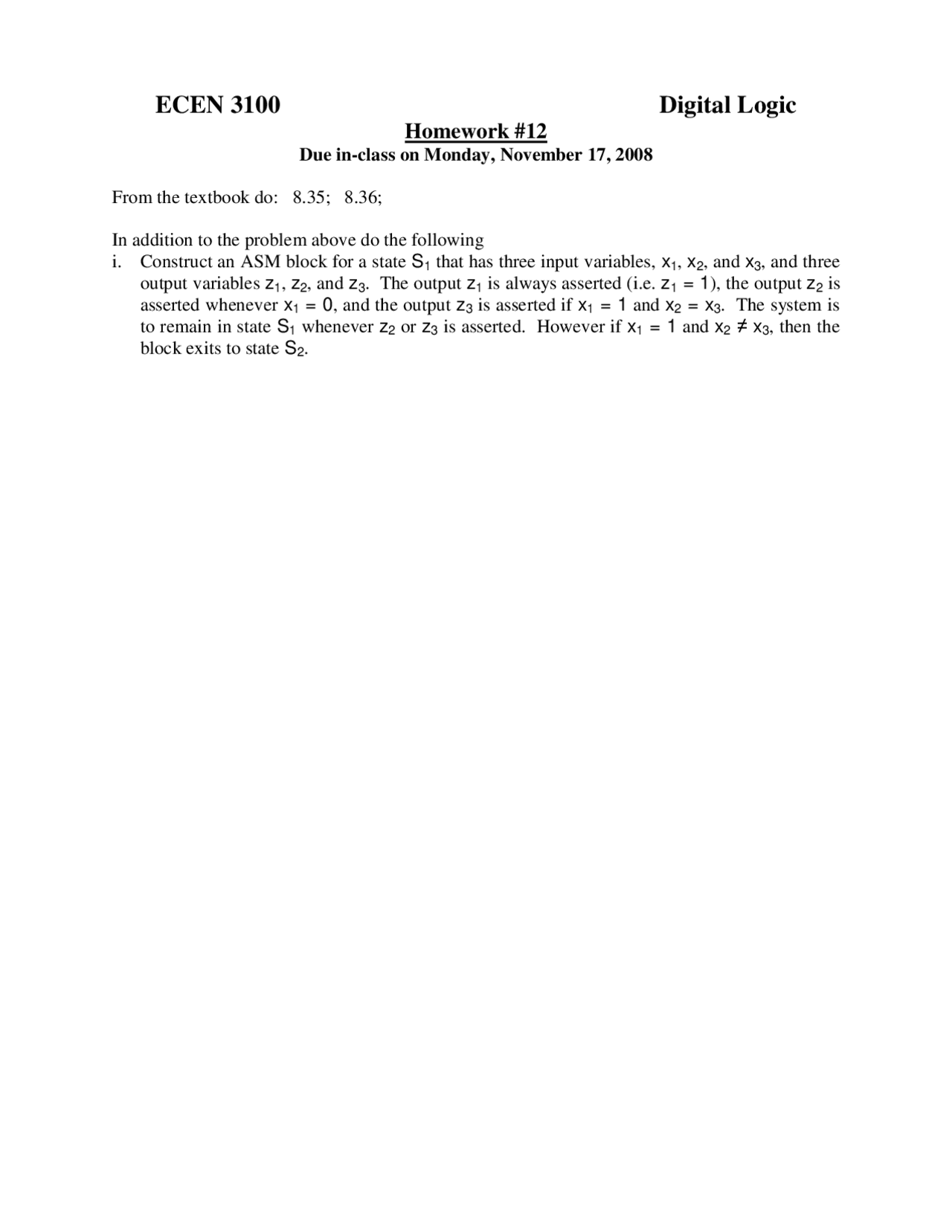 Homework 12 Problem Digital Logic Ecen 3100 Docsity