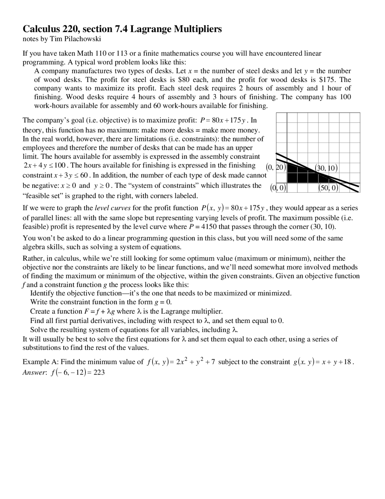 Lagrange Multipliers Lecture Notes Math 110 Docsity
