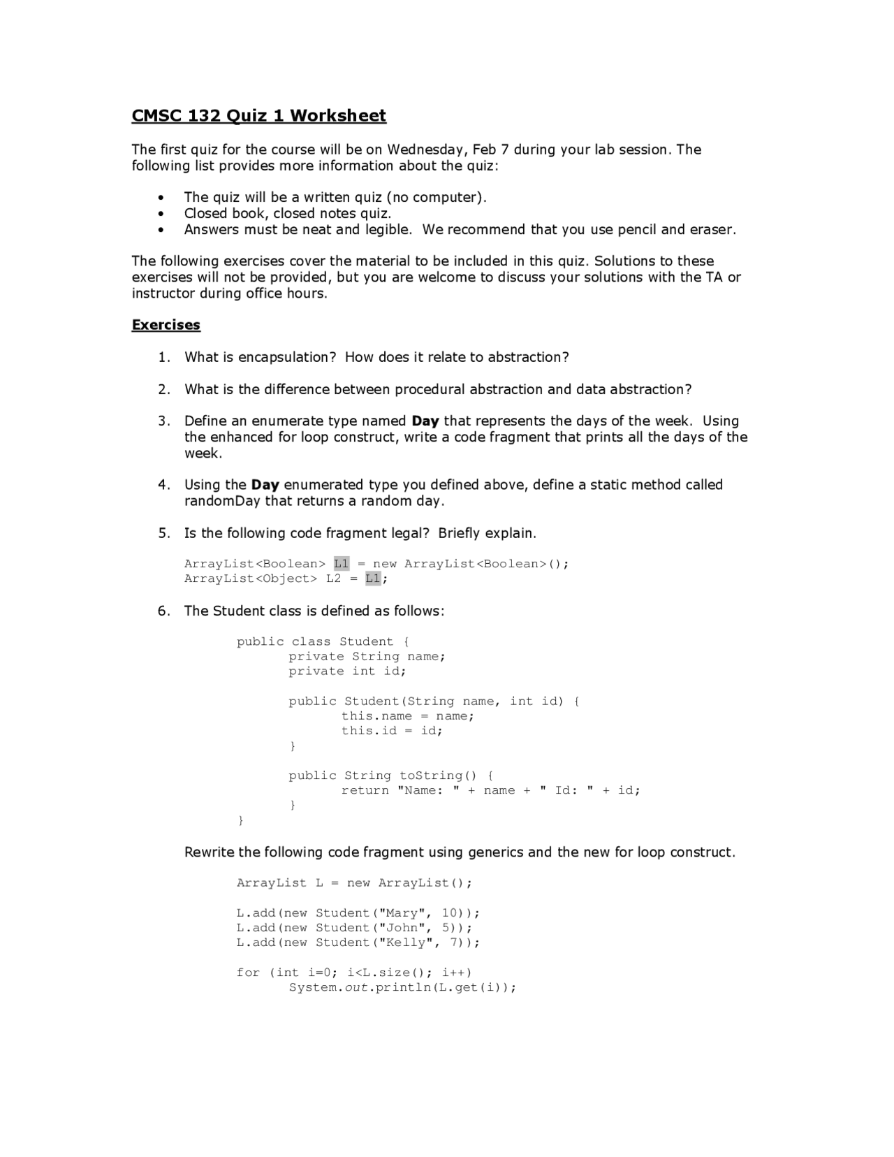 Quiz 1 Worksheet Object Oriented Programming Ii Cmsc 132 Docsity