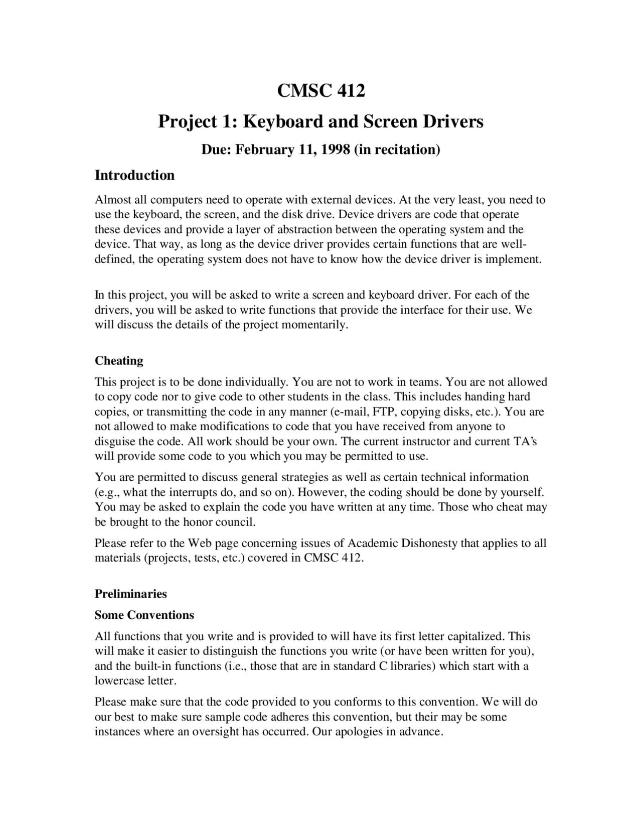 Project 1: Keyboard and Screen Drivers - Operating Systems | CMSC 412 - Docsity